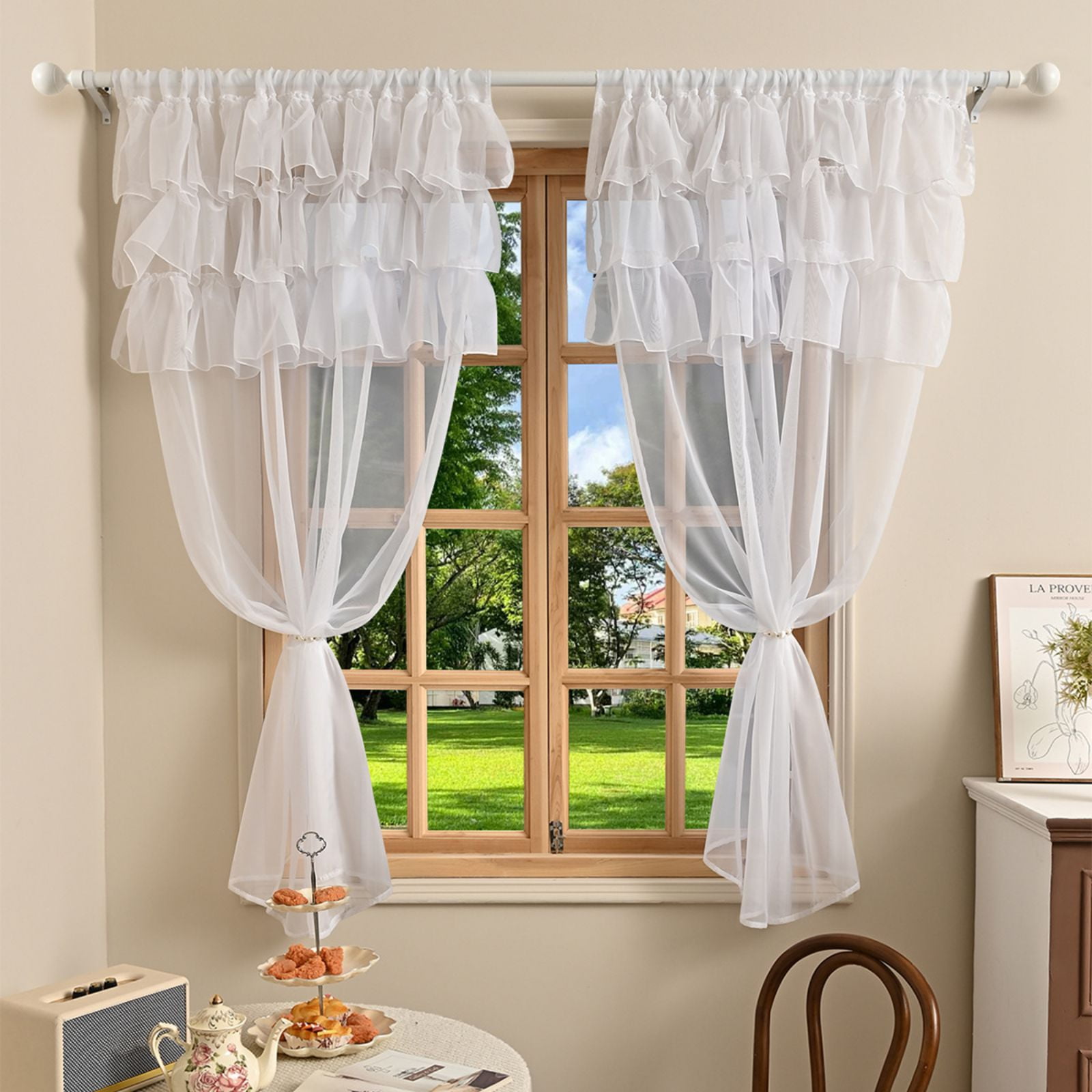 3 Layers Ruffled Window Curtains 2 Panels Set Light Filtering Semi ...