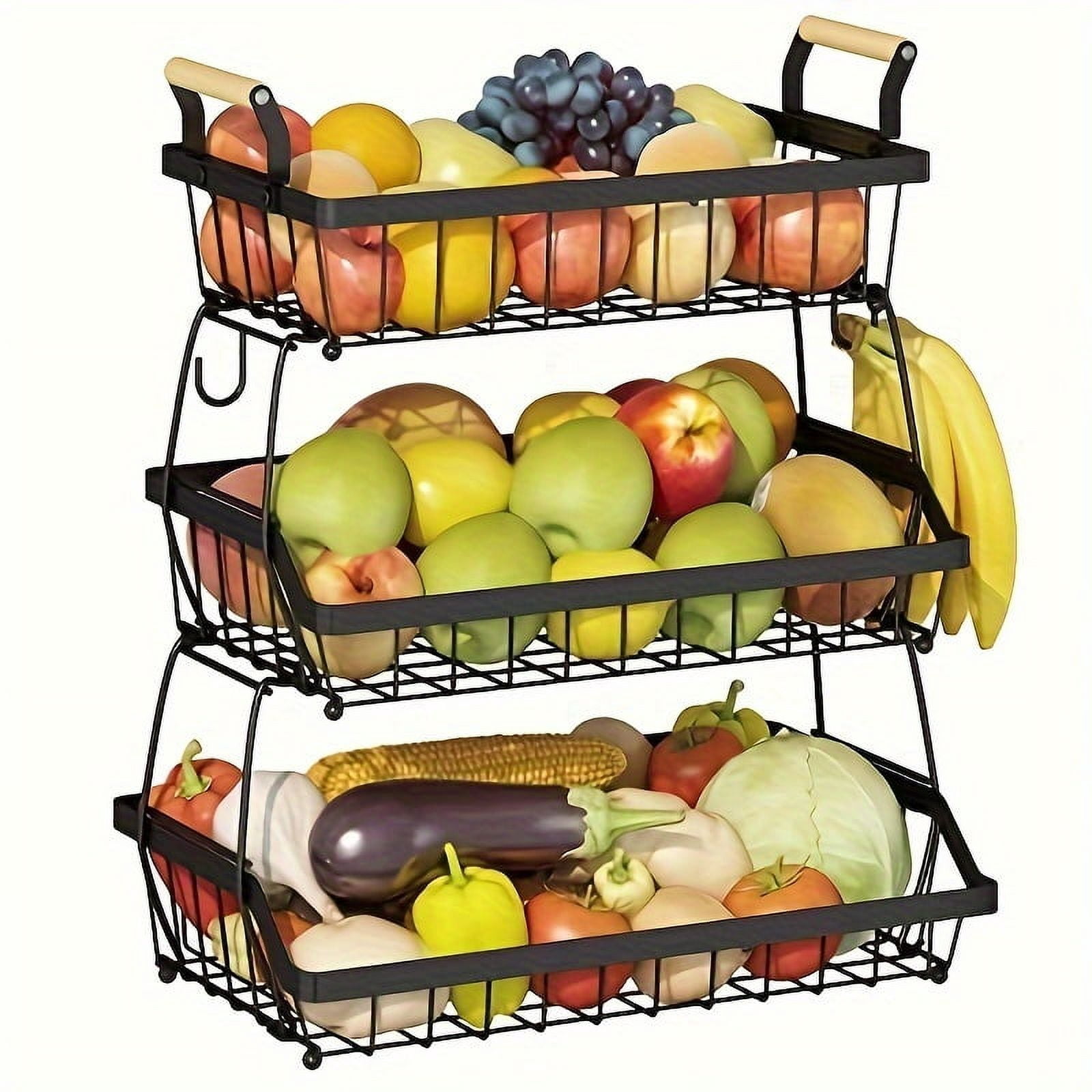 3 Layers Stackable Fruit Basket Storage Basket with Side Hooks for ...