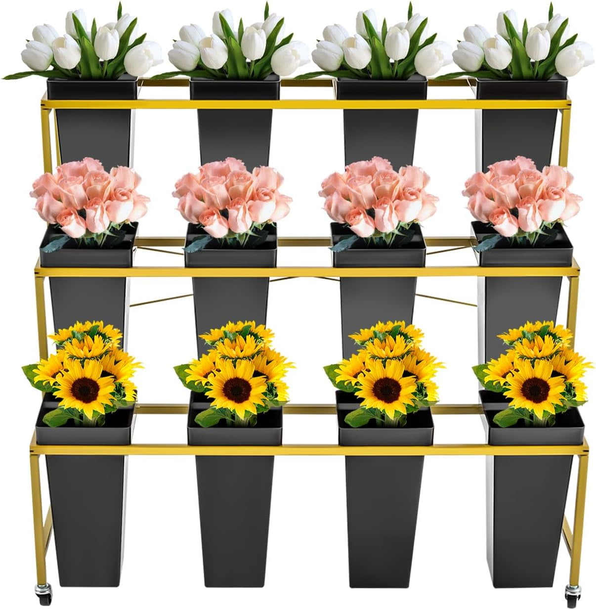 3 Layers Stand with 12PCS Buckets, Heavy Duty Moving Flower Display ...