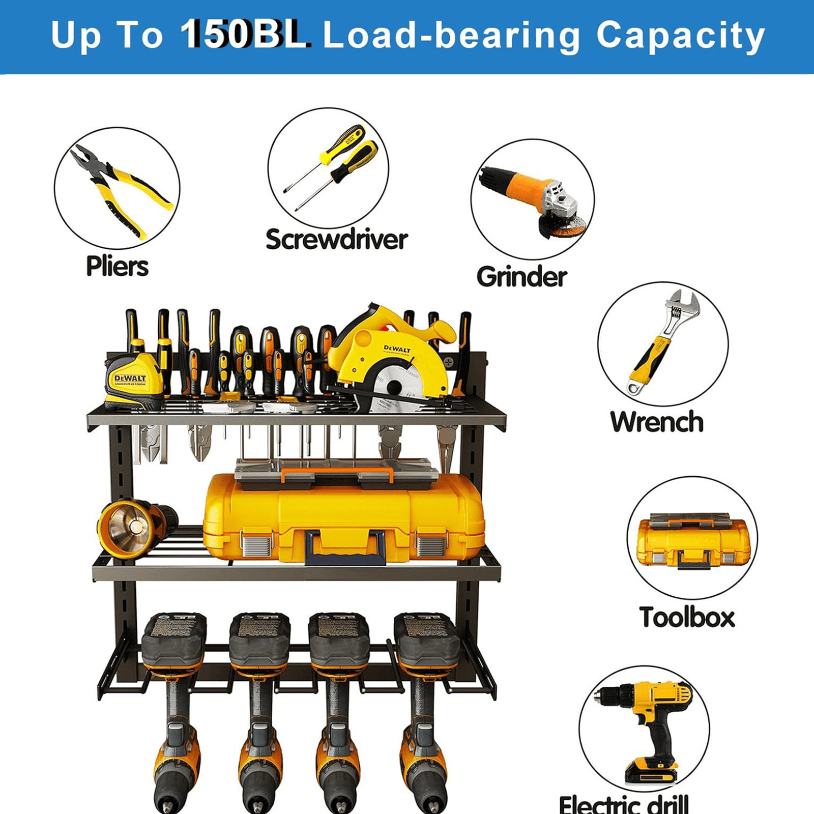 3 Layers Wall Mount Power Tool Organizer with 4 Drill Holders 150Lbs ...
