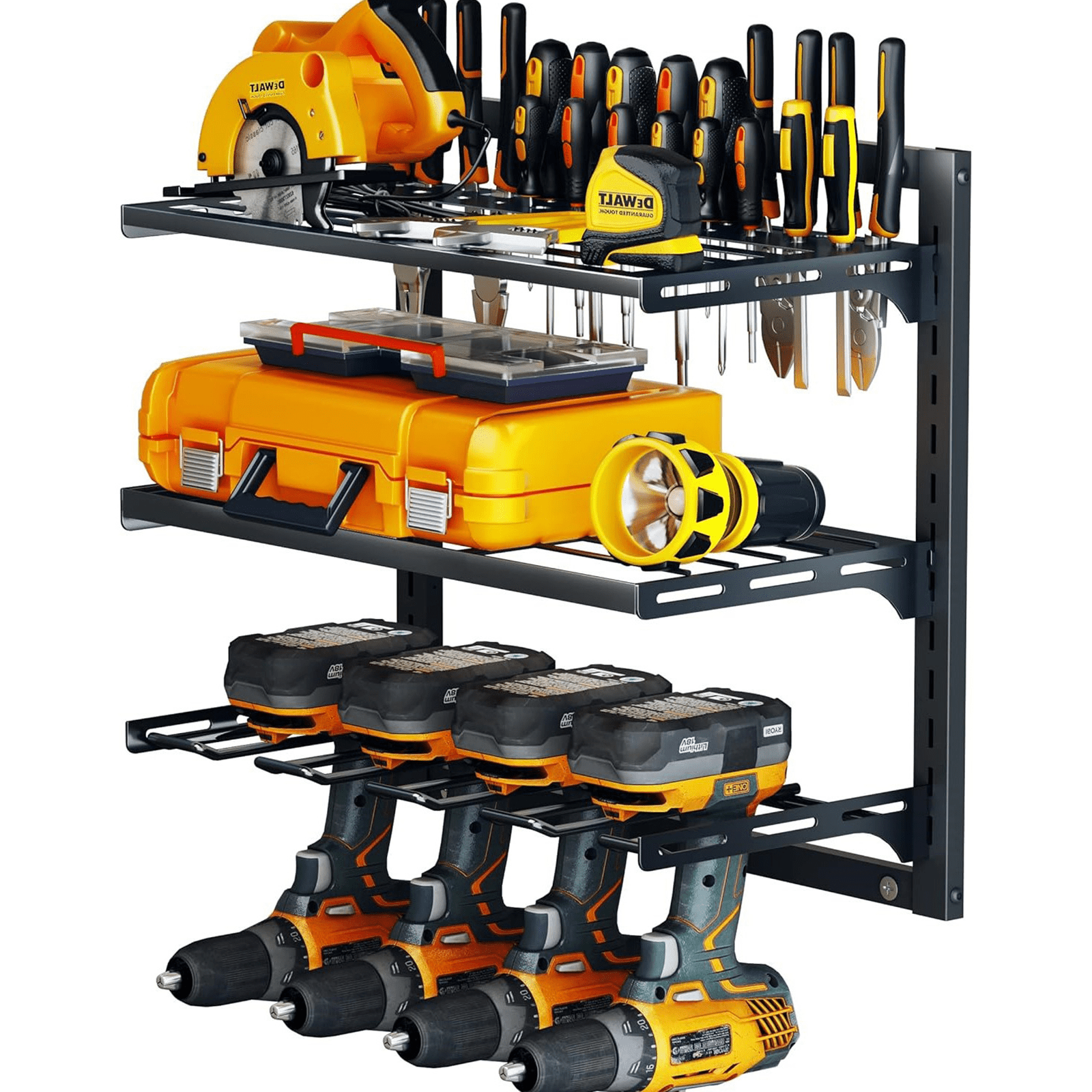 3 Layers Wall Mount Power Tool Organizer with 4 Drill Holders 150Lbs ...