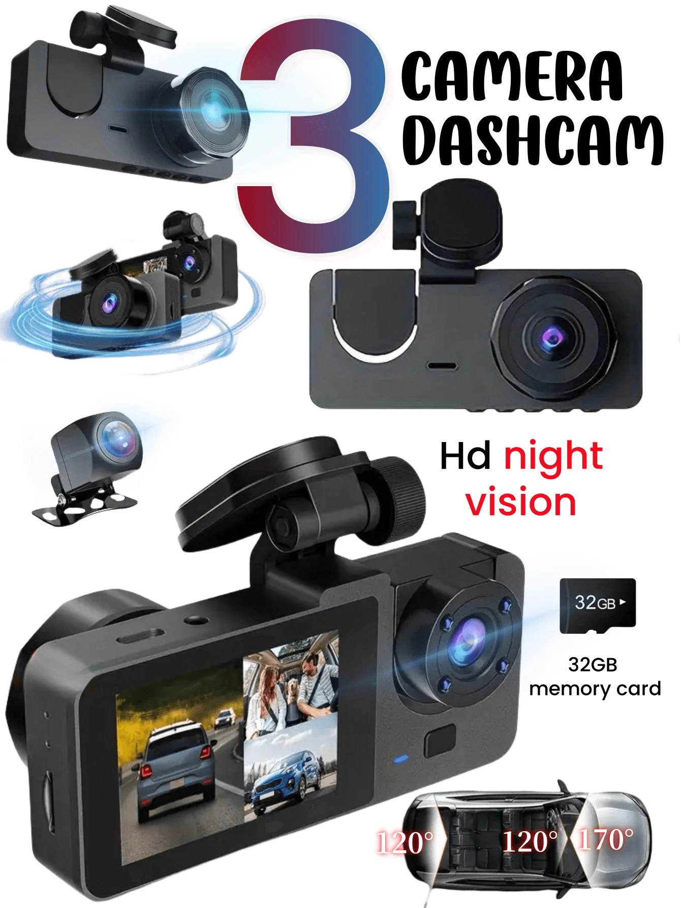 3-Lens Dash Camera for Cars - 4K FHD, Front/Rear/Interior, 32G Card, Loop Recording. Perfect ...