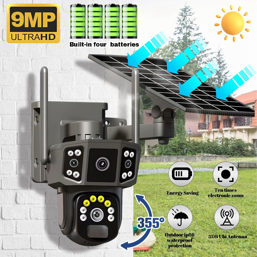 3 Lens WiFi Solar Battery Camera Wireless Outdoor CCTV 4K Security Camera - Walmart.com