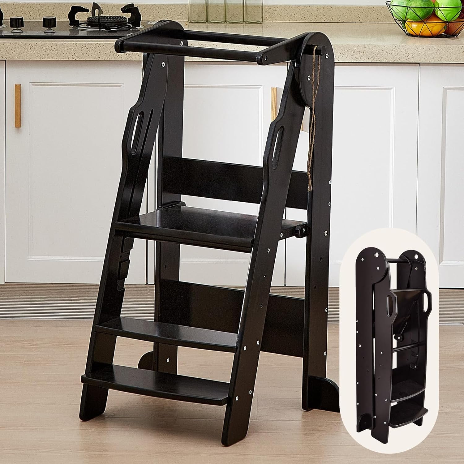 3-Level Height Adjustable Kitchen Step Stool, Foldable Toddler Tower ...