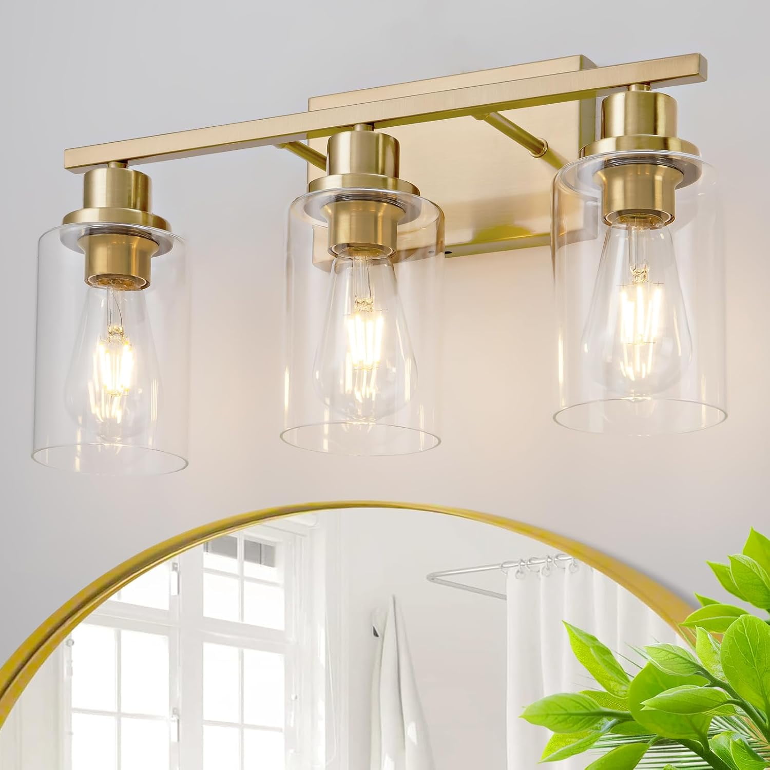 3 Light Bathroom Fixture with Brushed Brass Vanity Light for Mirror ...