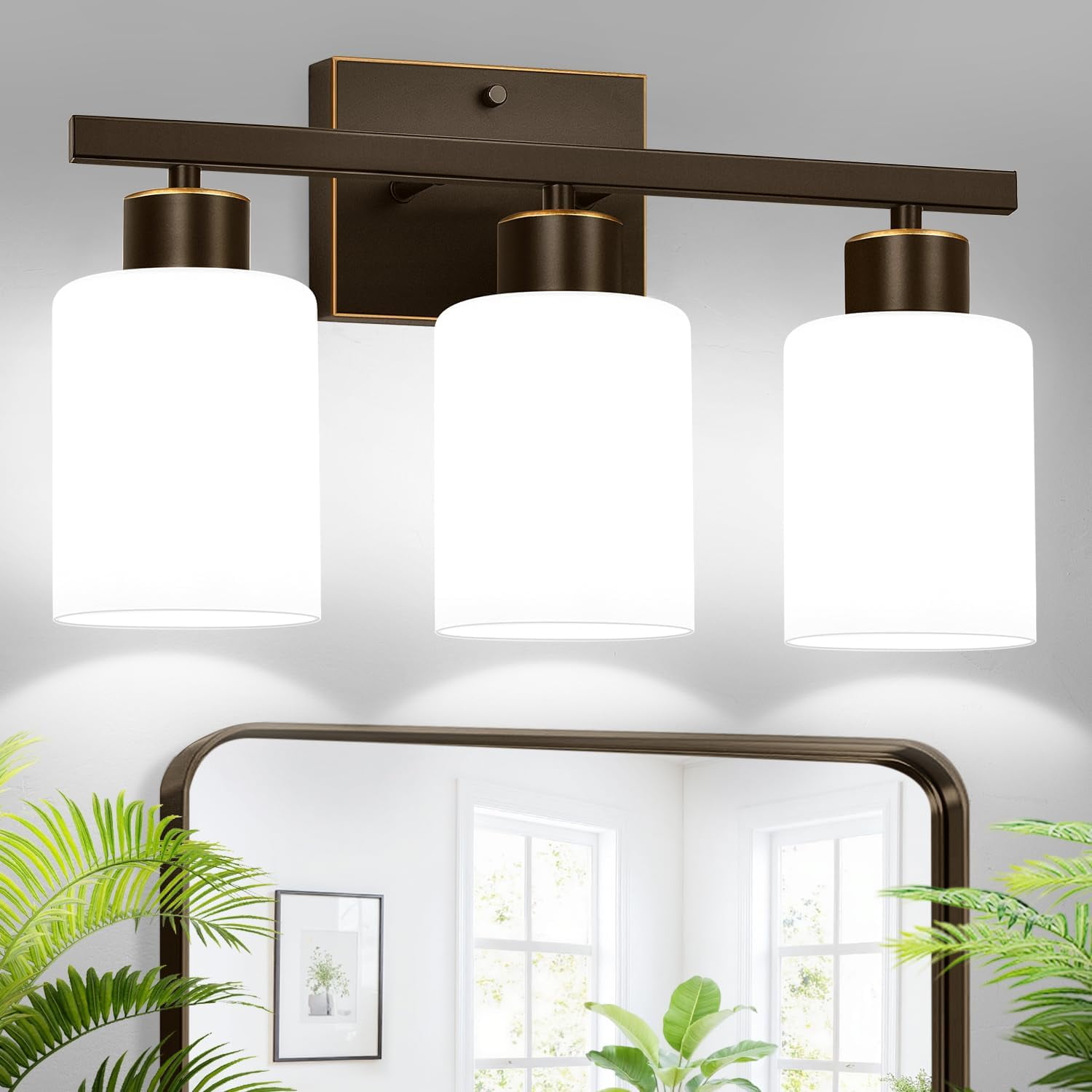 3-Light Bathroom Light Fixtures, Brown and Vanity Light with Milky ...