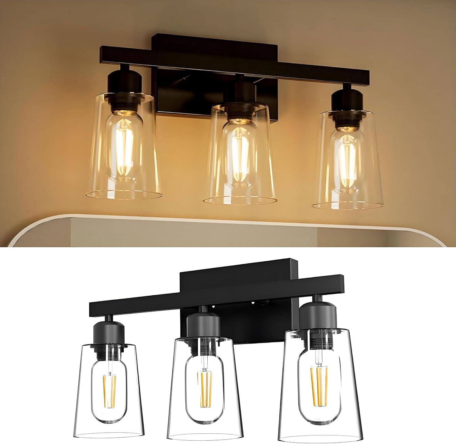 3-Light Bathroom Vanity Light, 16.5IN Horizontal Metal Frame with Clear ...