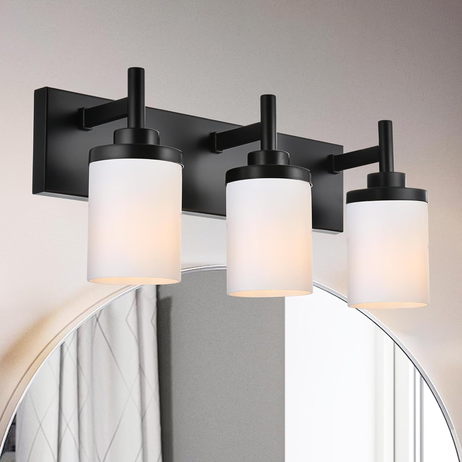 3-Light Black Bathroom Vanity Fixtures with Milky White Glass Shades ...