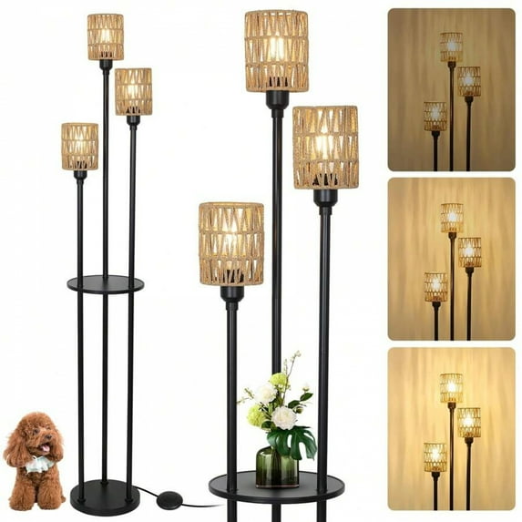 3-Light Boho Farmhouse Floor Lamp with Shelves - Gold Modern Rattan ...