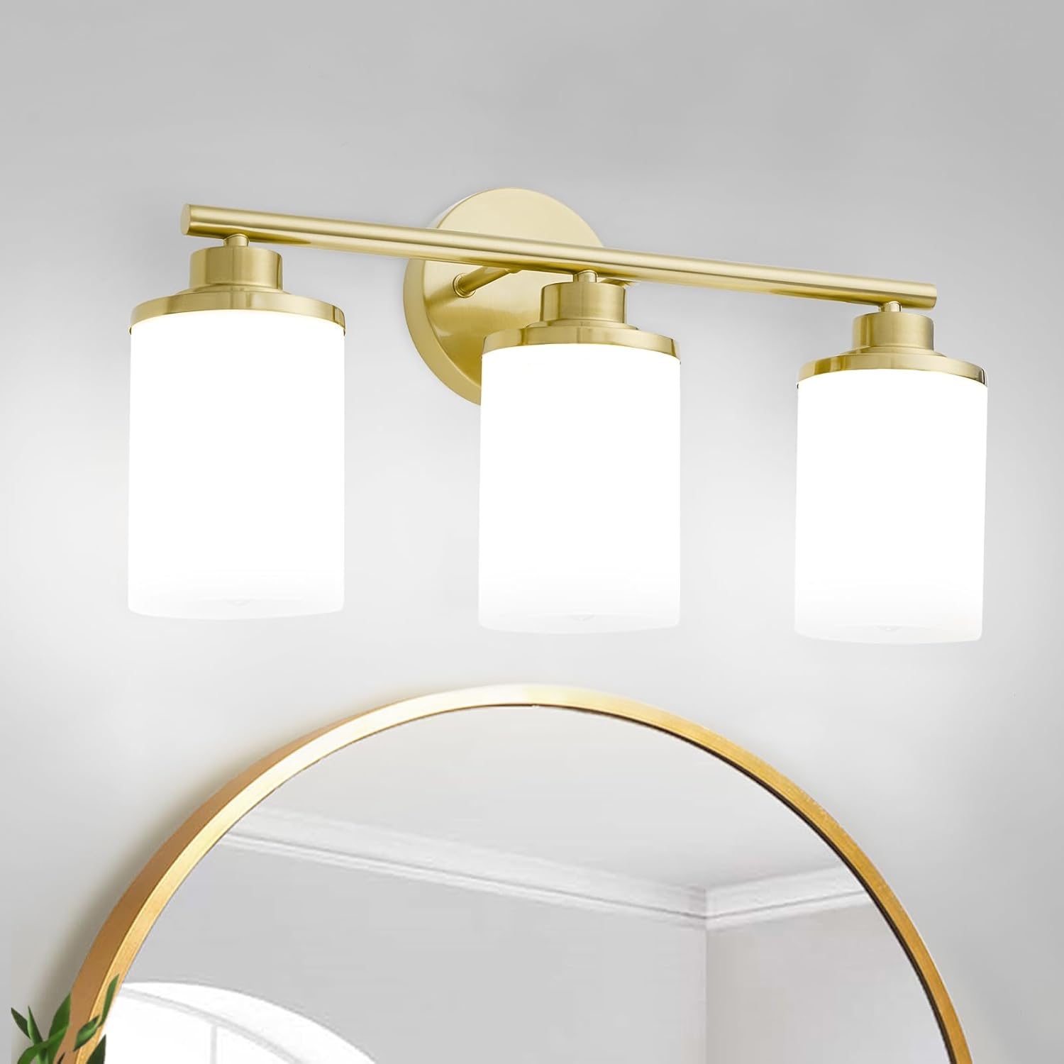 3-Light Brushed Gold Bathroom Vanity Fixtures with Frosted Glass Shades ...