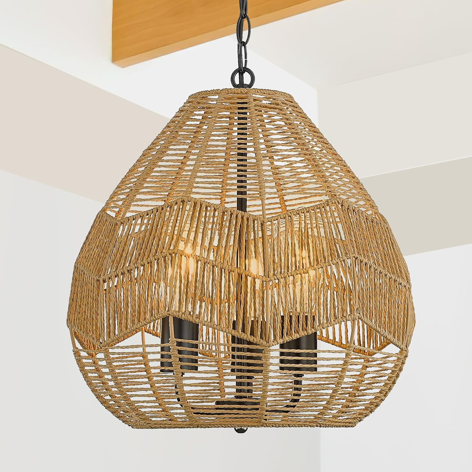 3-Light Chandelier, 15.7” Woven Pendant Light Rattan Basket Shade ...