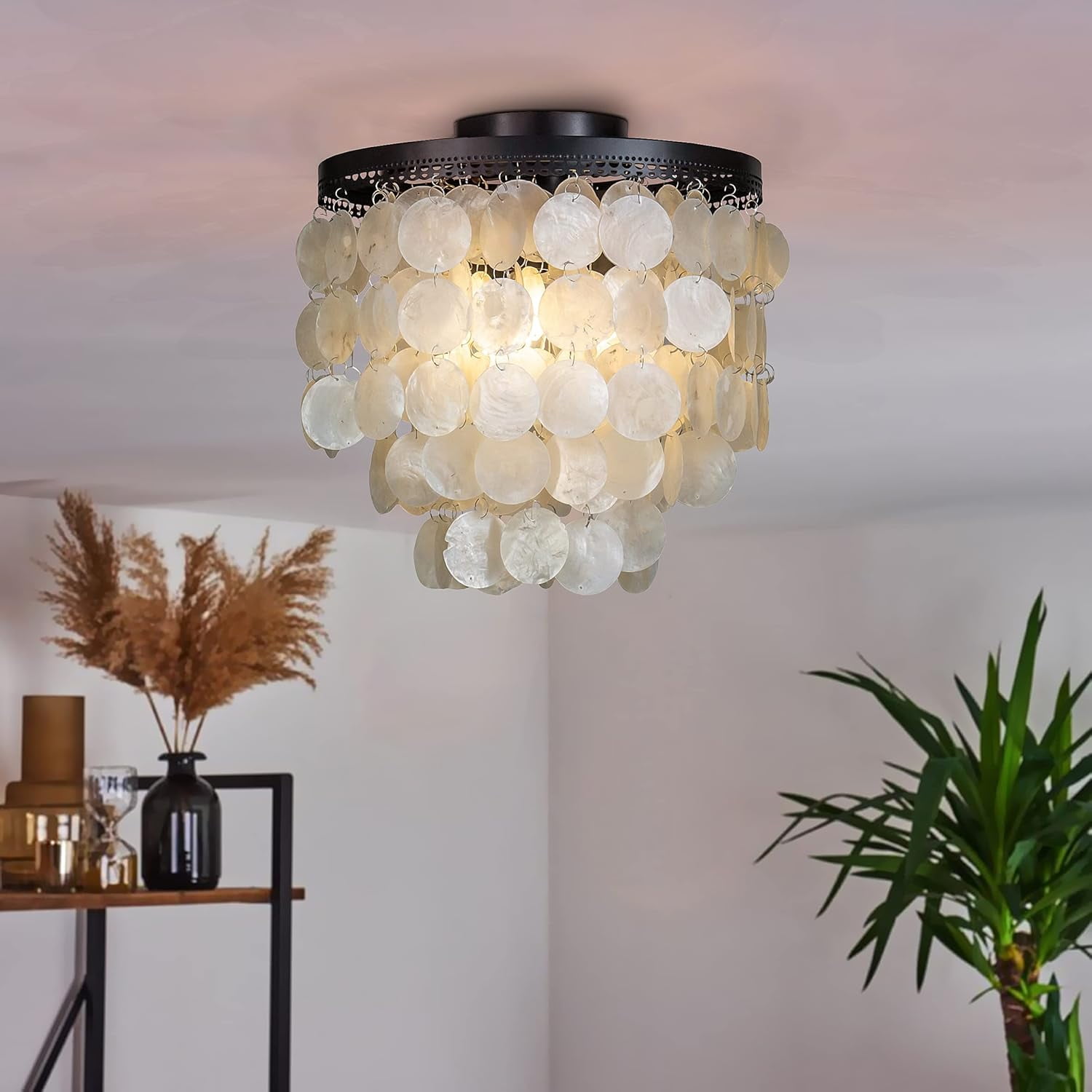 3-Light Coastal Capiz Natural Seashell Flush Mount Ceiling Light Unique ...