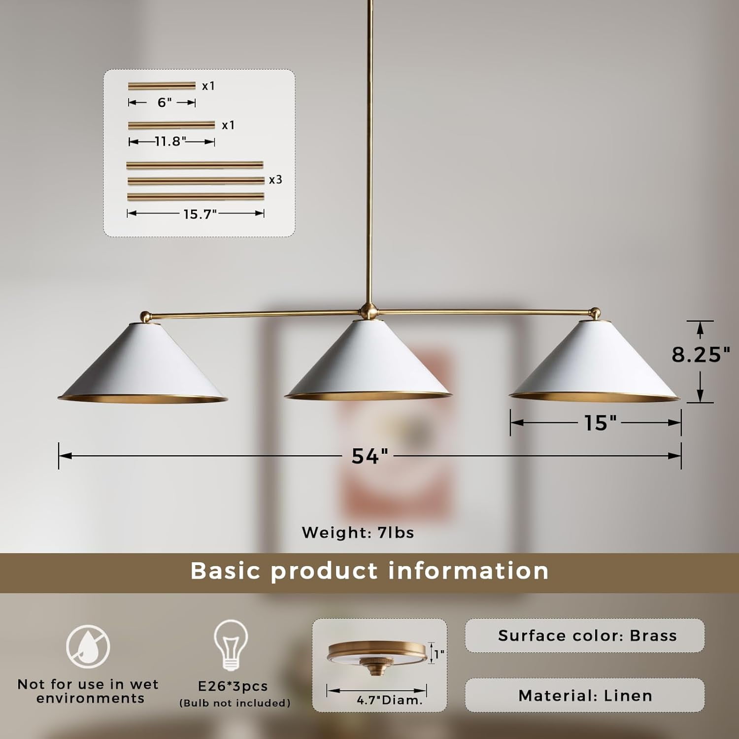 3-Light Conical Shade Brass Chandelier, 54 Inch Modern Large Lighting ...