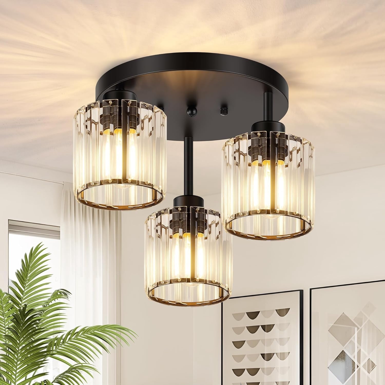 3-Light Crystal Semi Flush Mount Ceiling Light, Black Kitchen Lighting ...