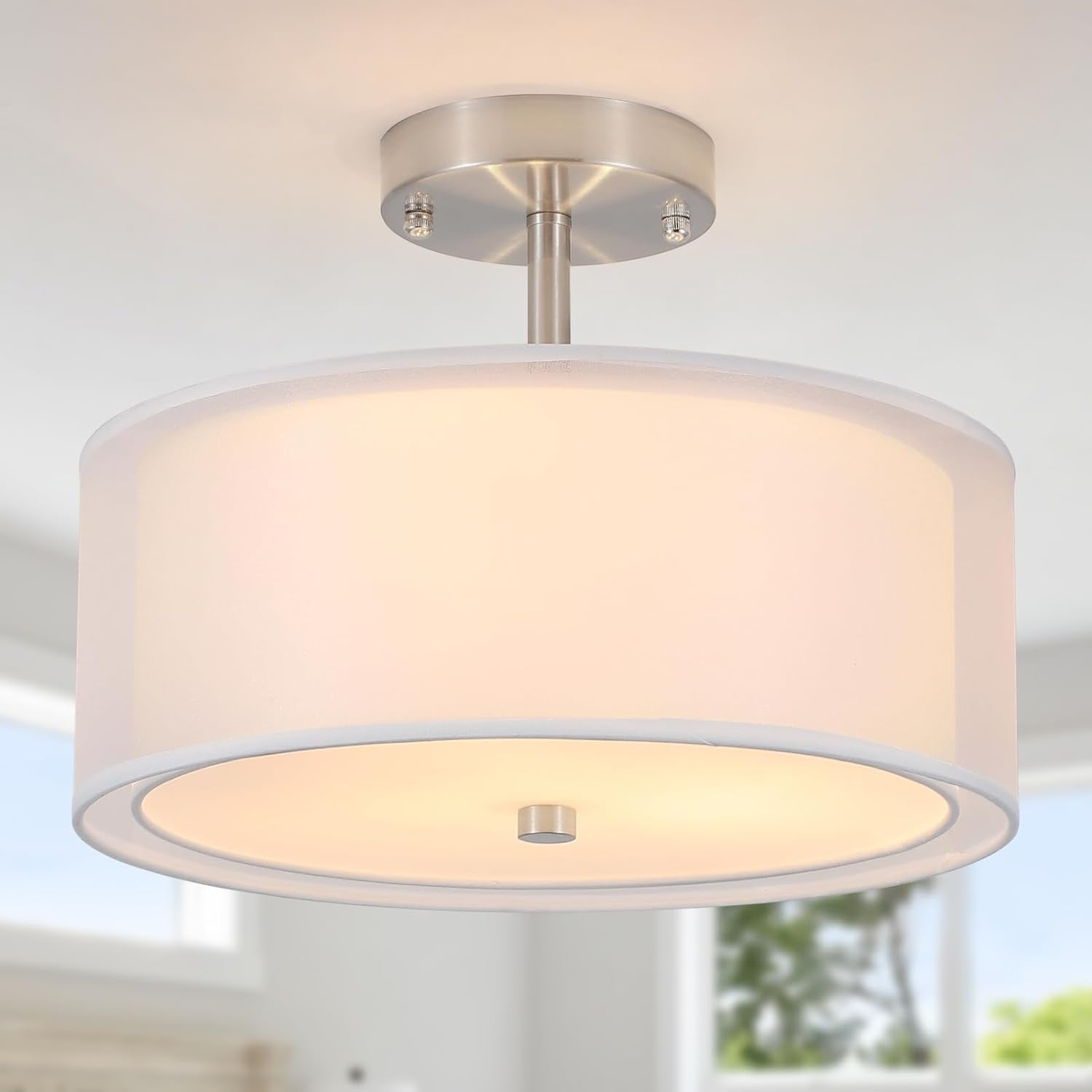 3-Light Fabric Drum Ceiling Lighting with Double Fabric Shade, 12.59 Inches Simple Modern Semi ...
