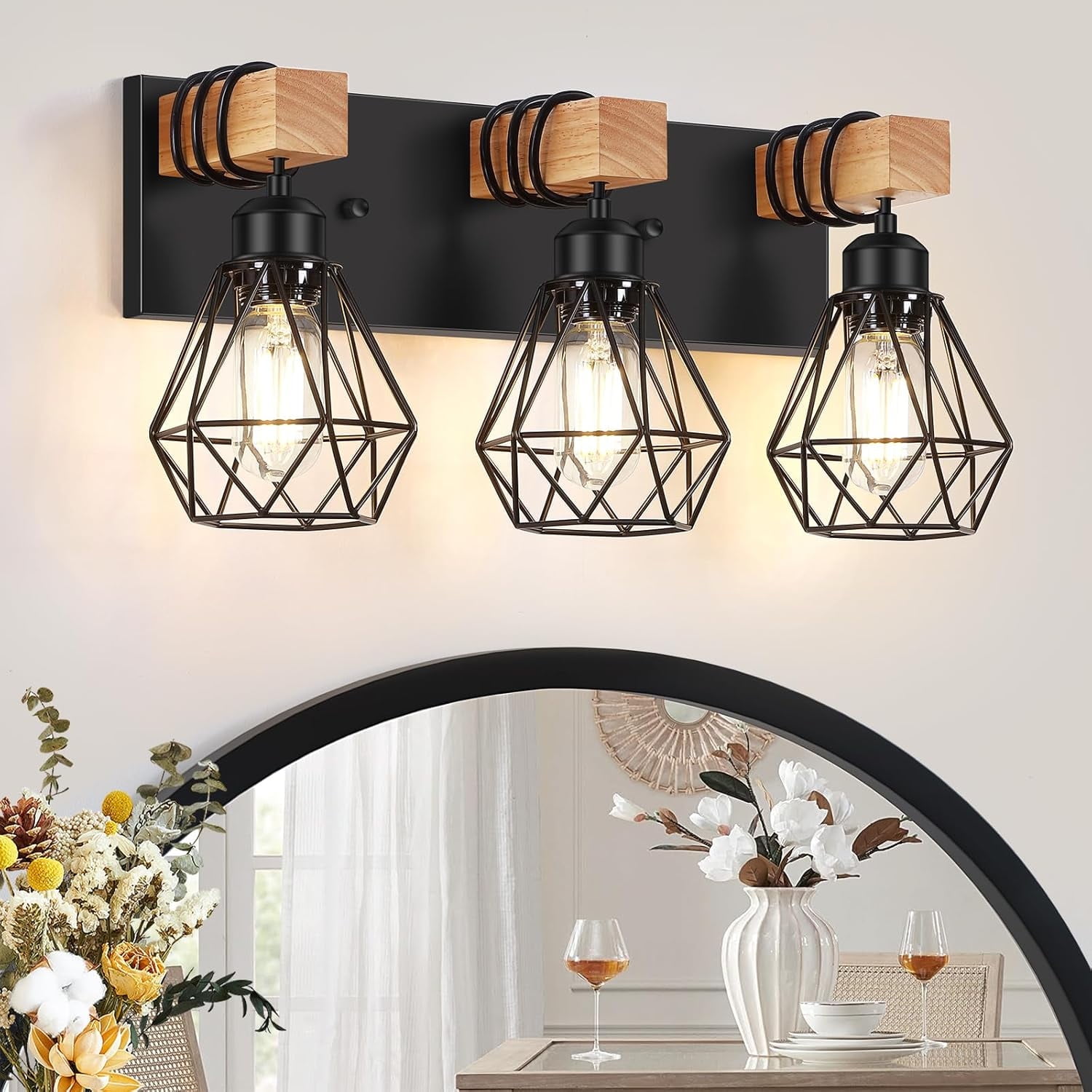 3-Light Farmhouse Wood Bathroom Vanity Lights over Mirror with Metal ...