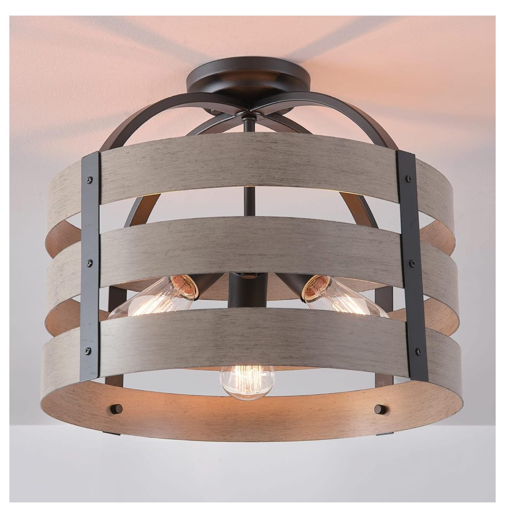 3-Light Flush Mount Ceiling Light, Matte Black, Faux Wood, Bulb Not ...