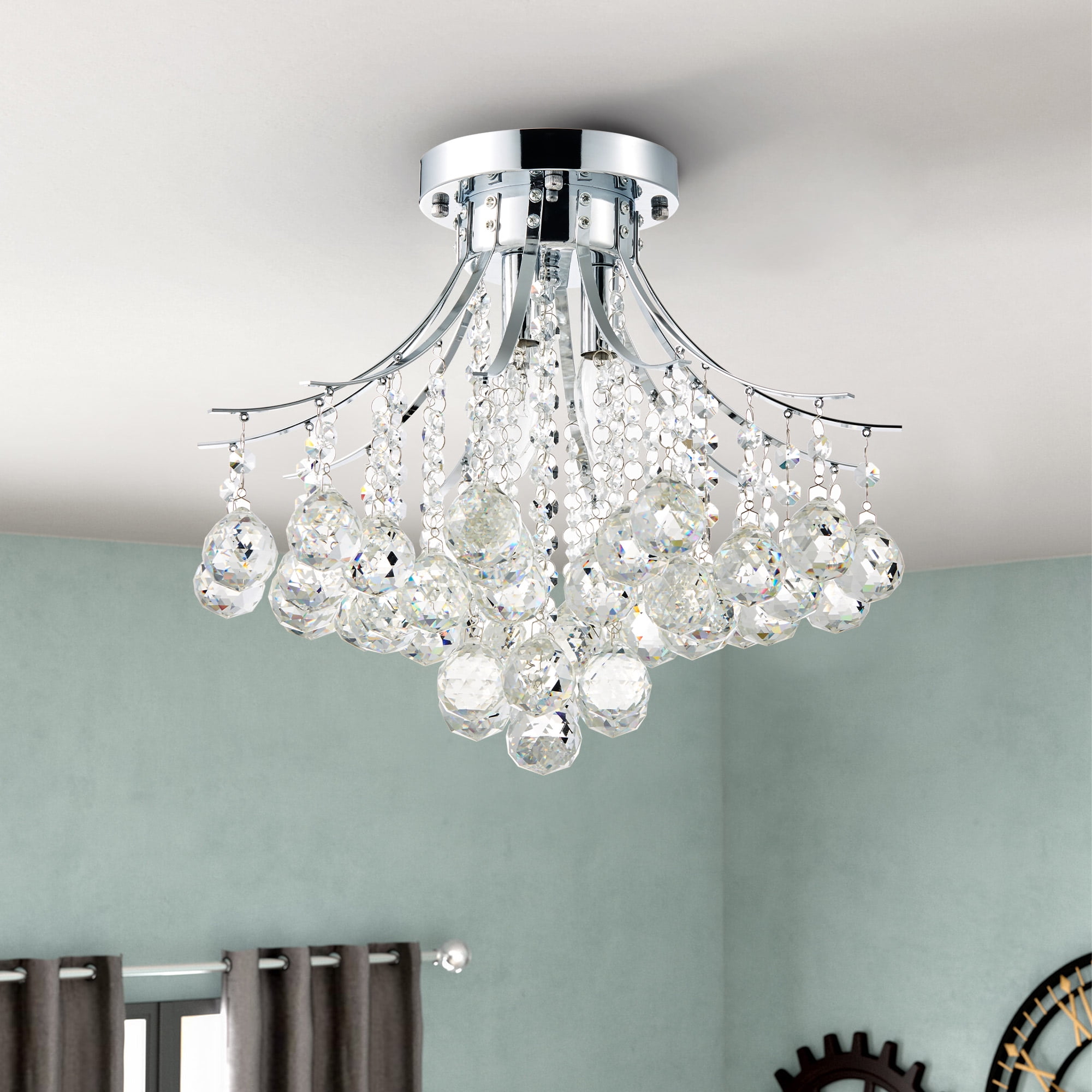 3-Light Flush Mount Crystal Chandelier Ceiling Light in Chrome ...