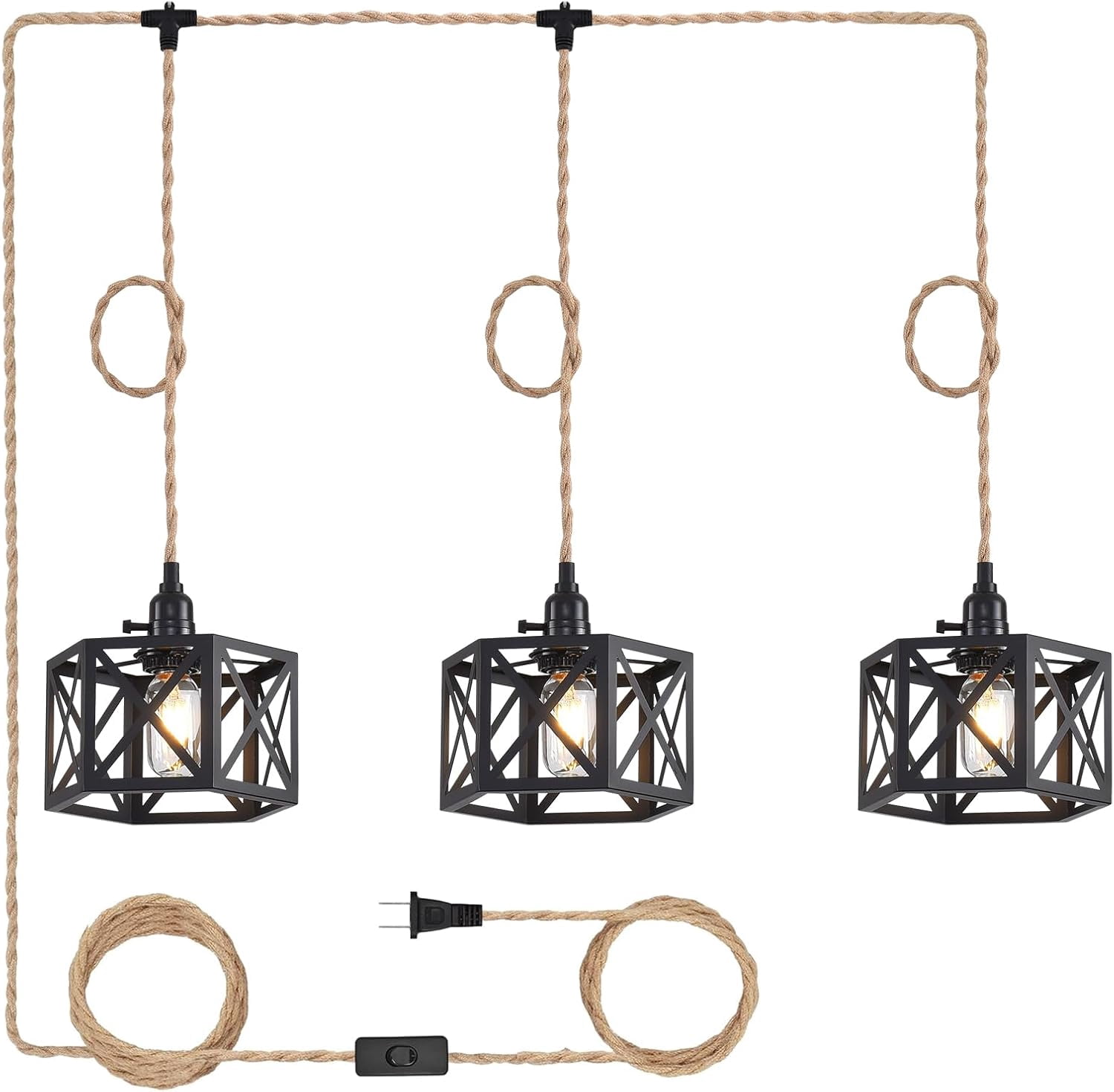 3 Light Hemp Rope Plug in Pendant Light Rattan Hanging Lights with Plug ...