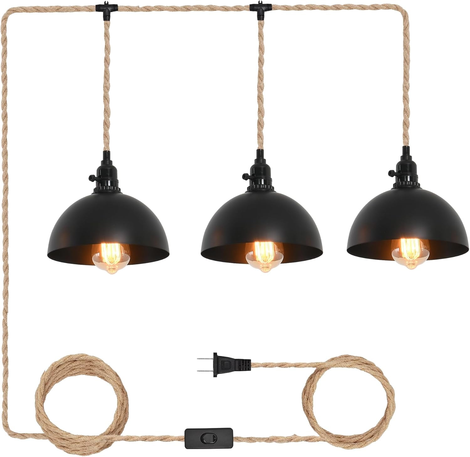 3 Light Hemp Rope Plug in Pendant Light Rattan Hanging Lights with Plug ...