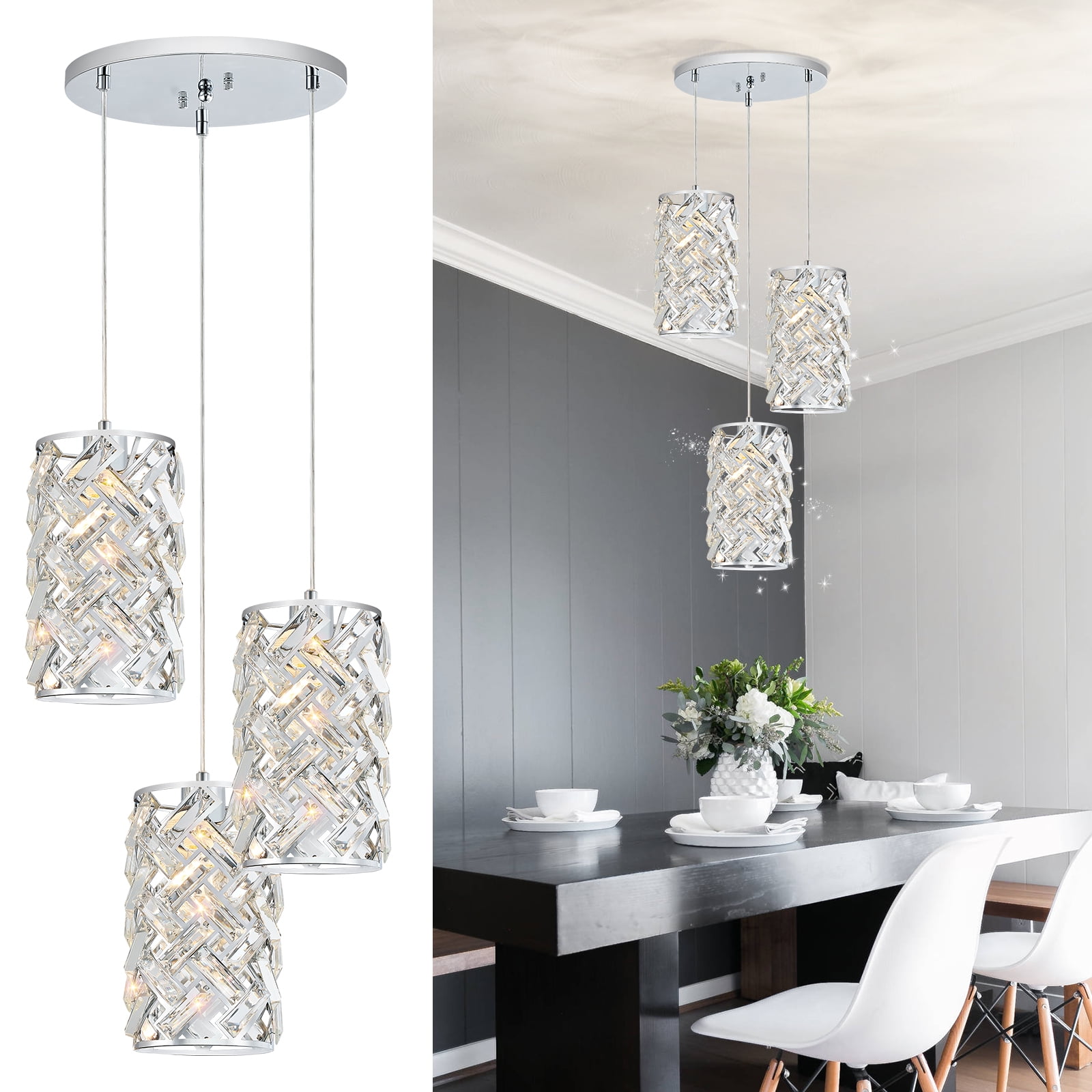 3-Light Modern Crystal Pendant Light, Chrome Mini Chandelier – Cluster ...
