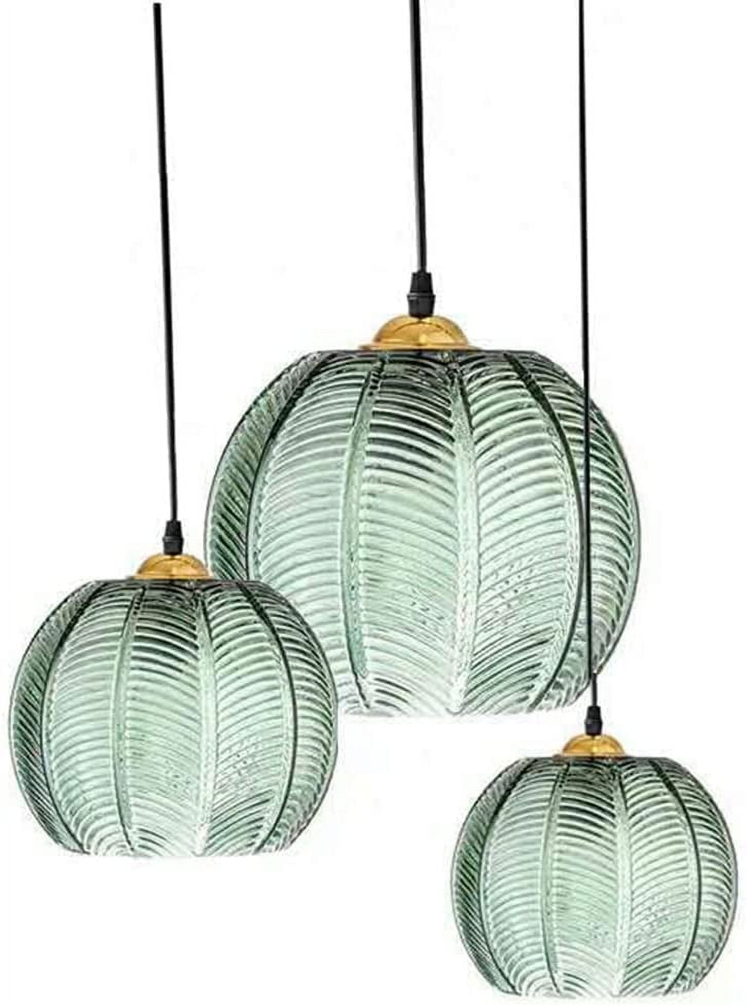 3-Light Modern Green Ribbed Glass Pendant Lights Island Hanging ...