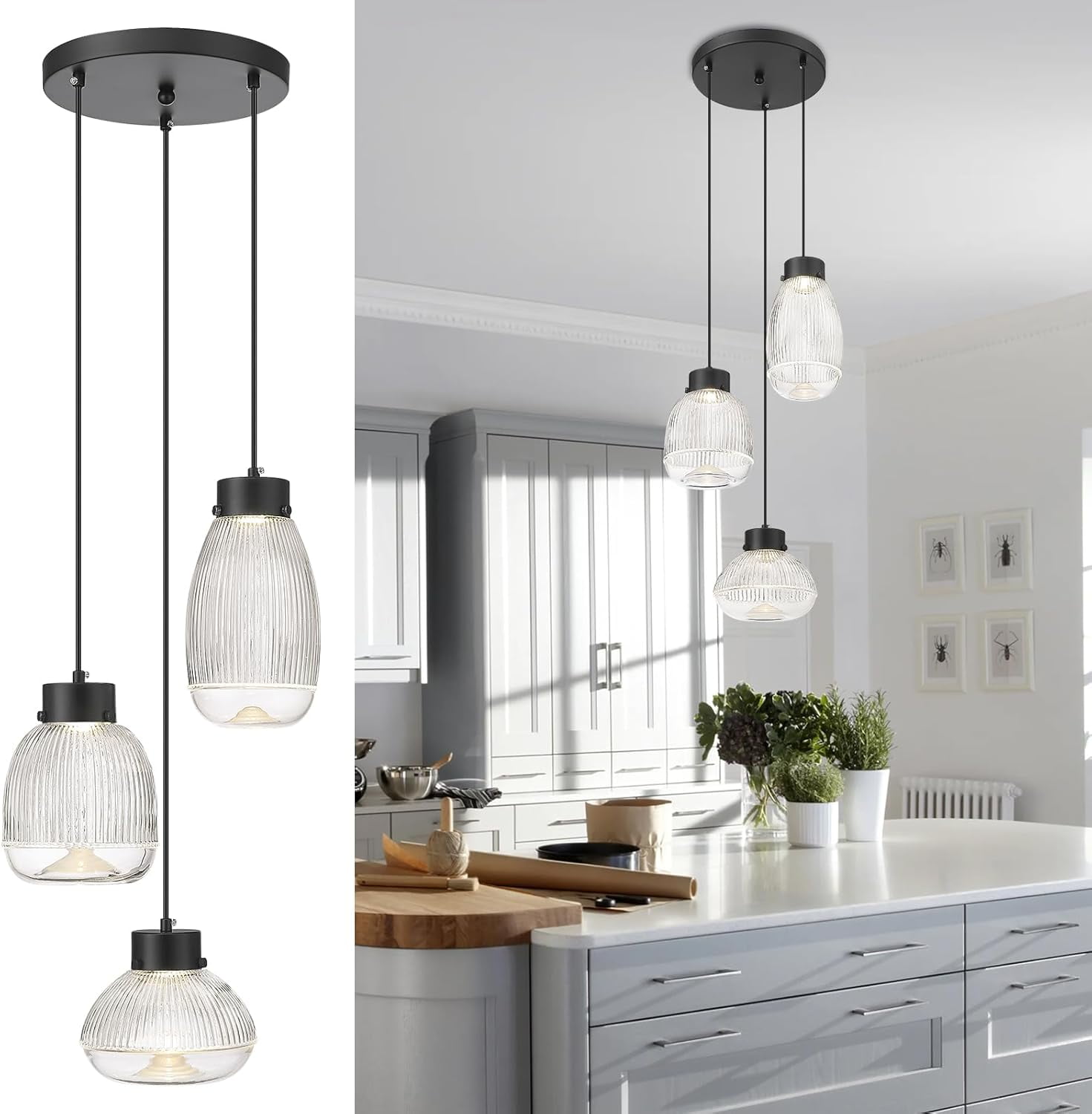3-Light Modern Led Pendant Light Fixture with Clear Glass for Kitchen ...