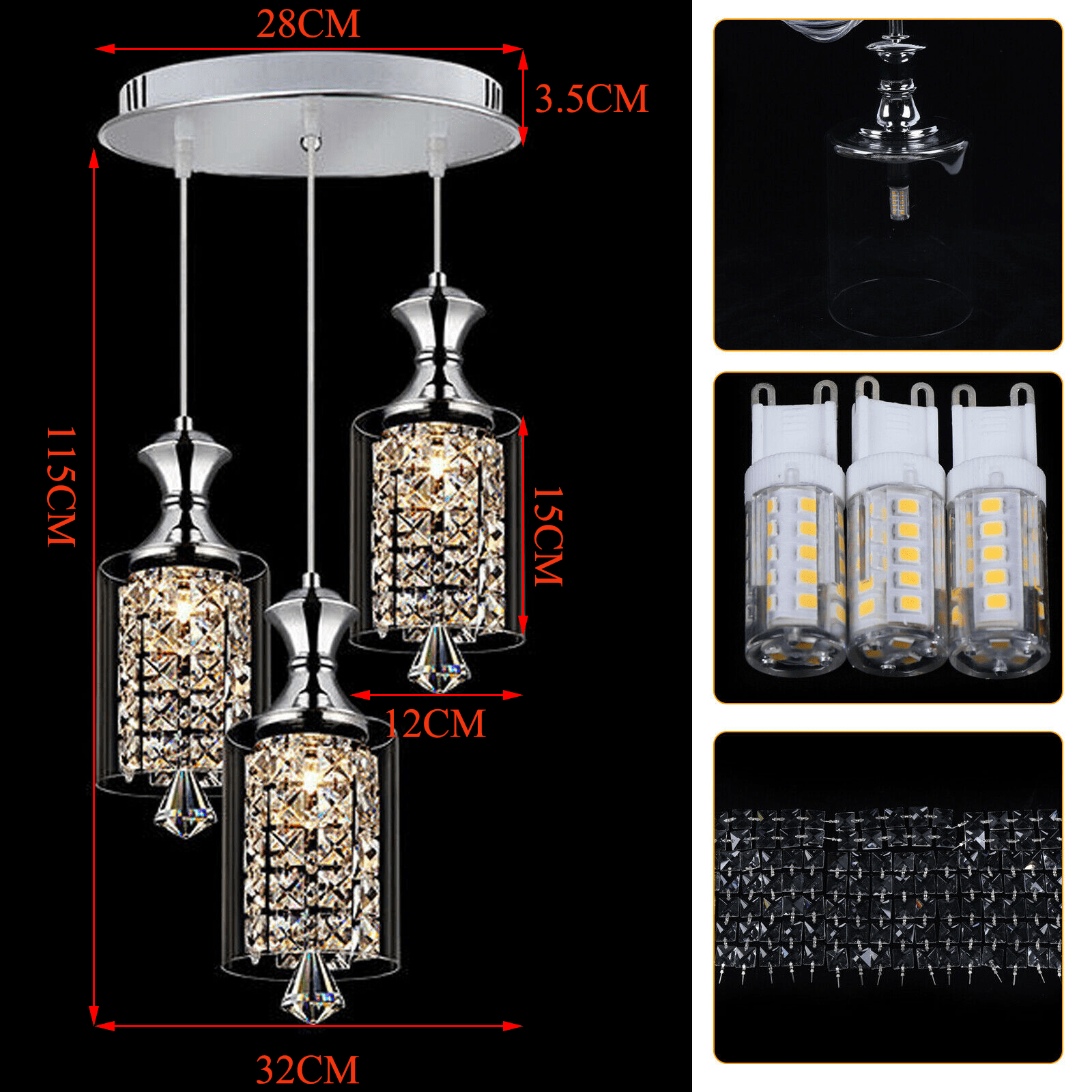 3 Light Pendant Light LED Crystal Chandelier Round Hanging Ceiling Lamp ...