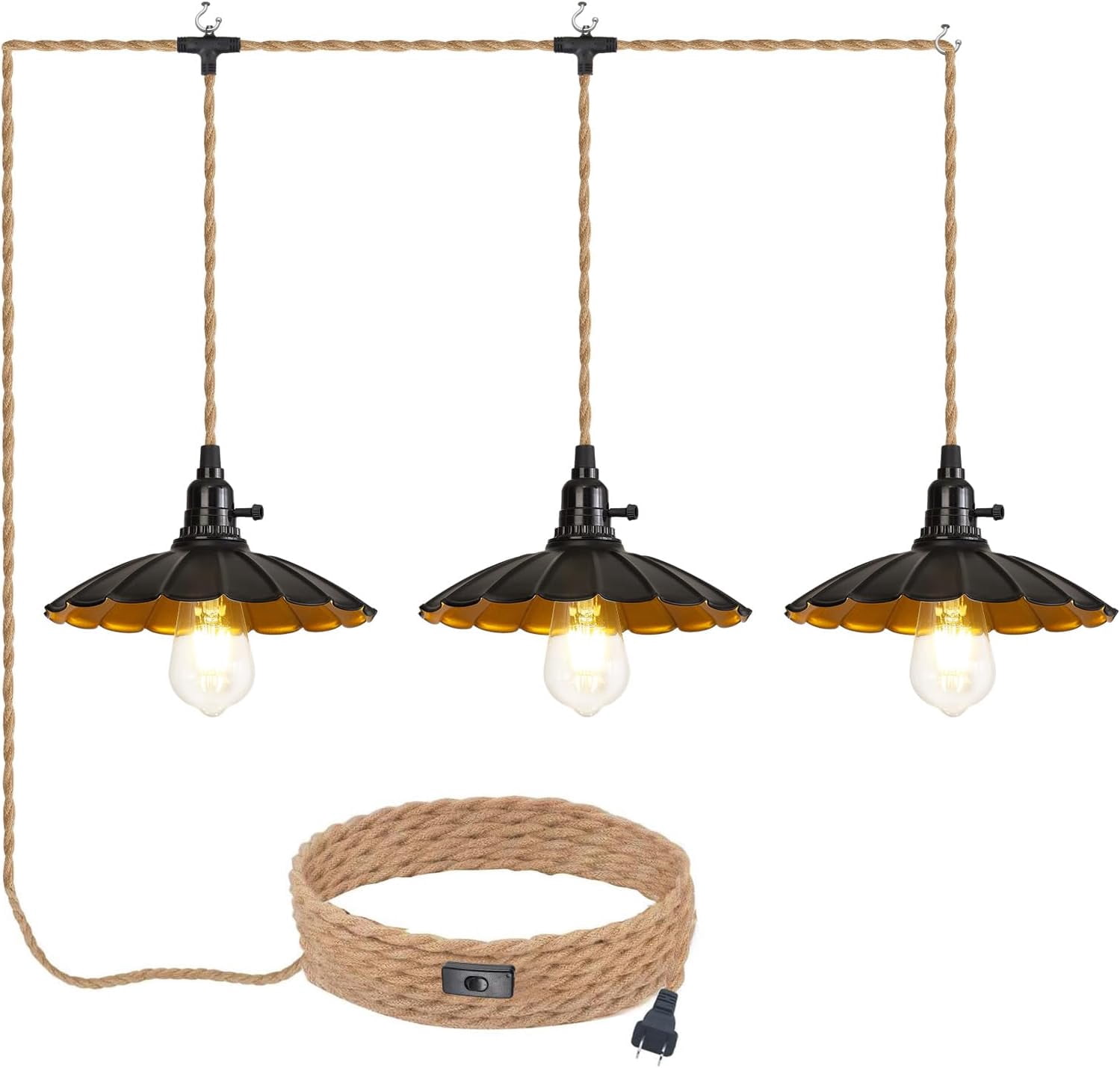 3-Light Plug in Pendant Light Fixtures Chandelier with Switch 22FT ...