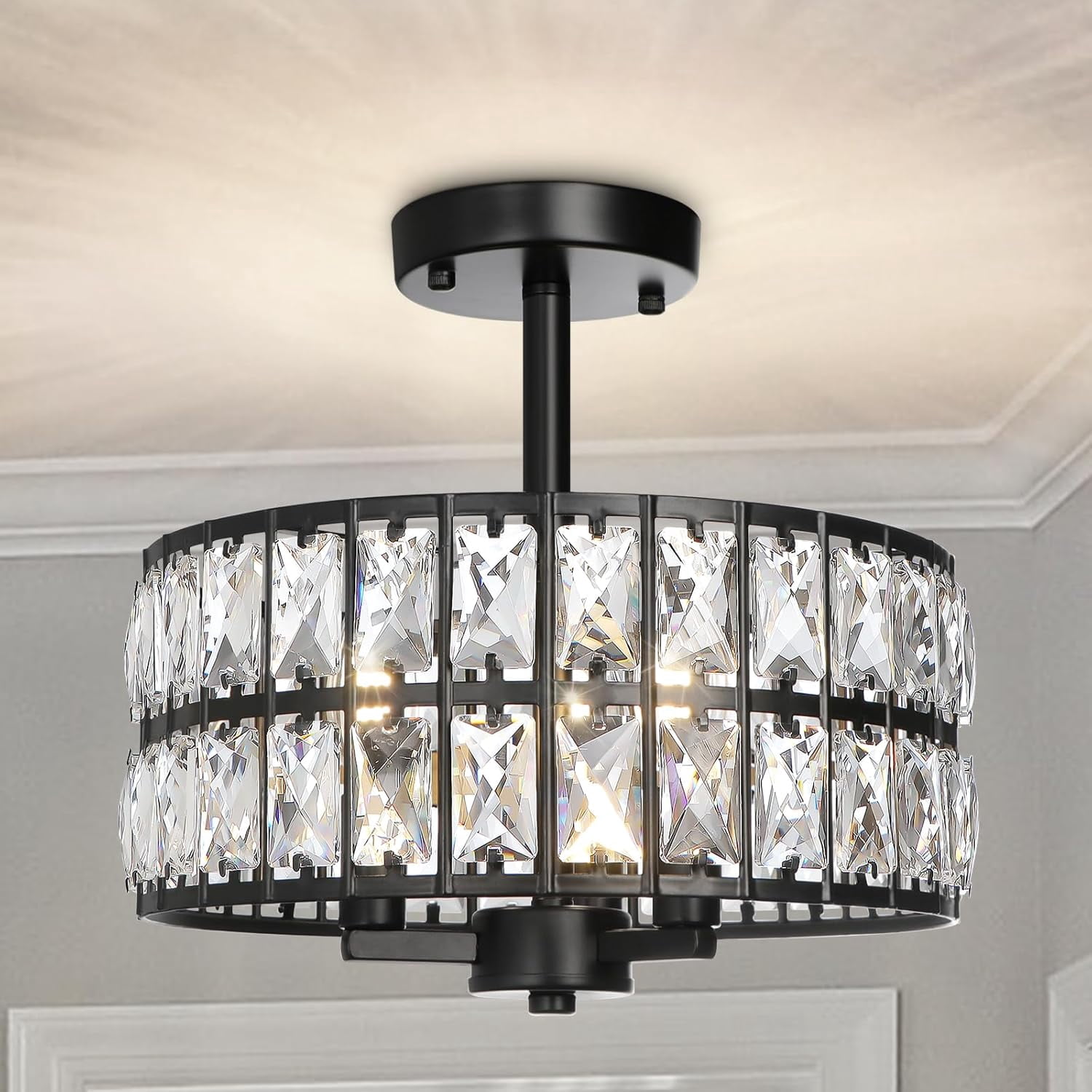 3-Light Round Crystal Ceiling Light Fixture Modern Semi Flush Mount ...
