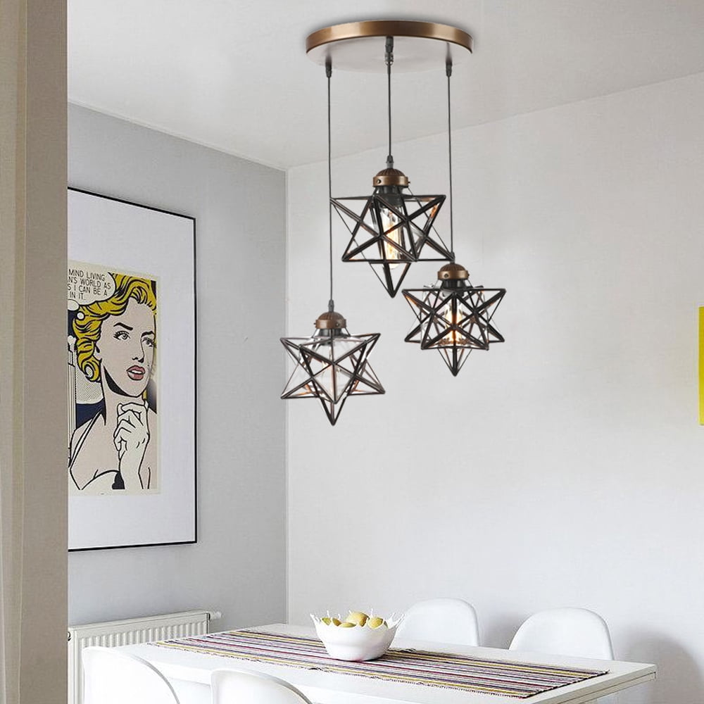 3-Light Starry Pendant Light with Adjustable Chains Vintage Black Brown ...