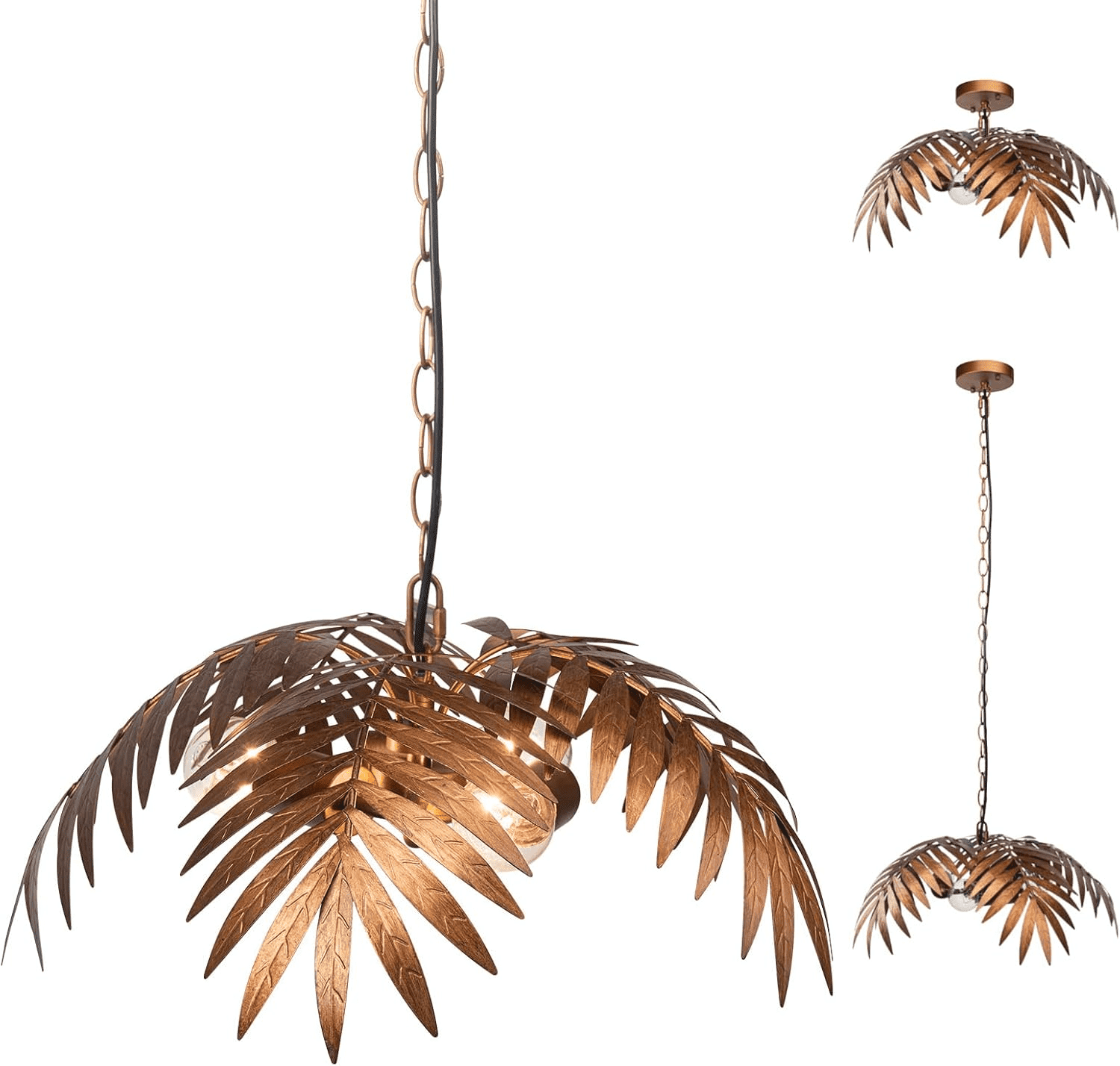3-Light Tropical Coconut Tree Pendant Light, Vintage Iron Palm Leaf ...