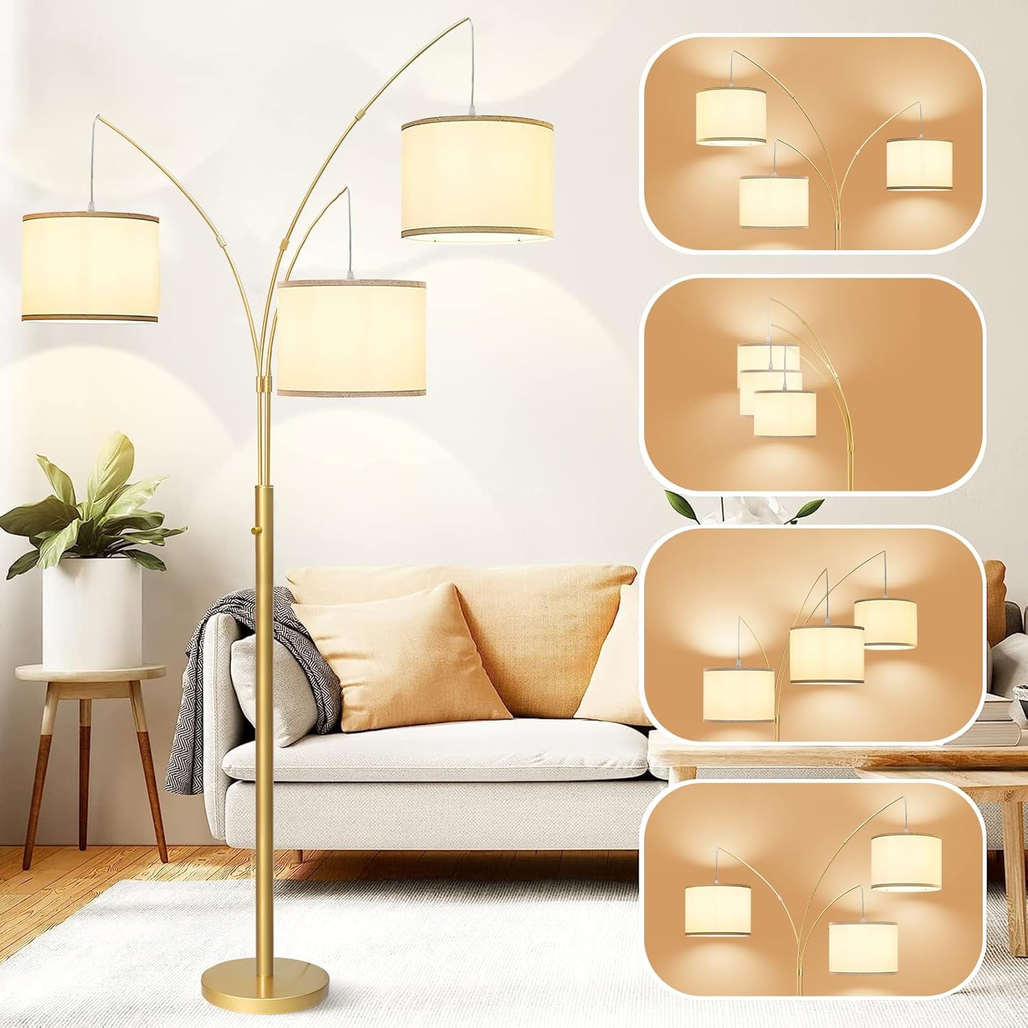 3 Lights Arc Floor Lamps for Living Room,Gold Modern Tall Standing Lamp ...