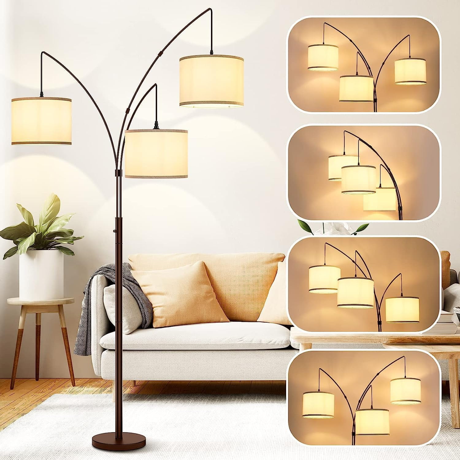 3 Lights Arc Floor Lamps for Living Room,Gold Modern Tall Standing Lamp ...