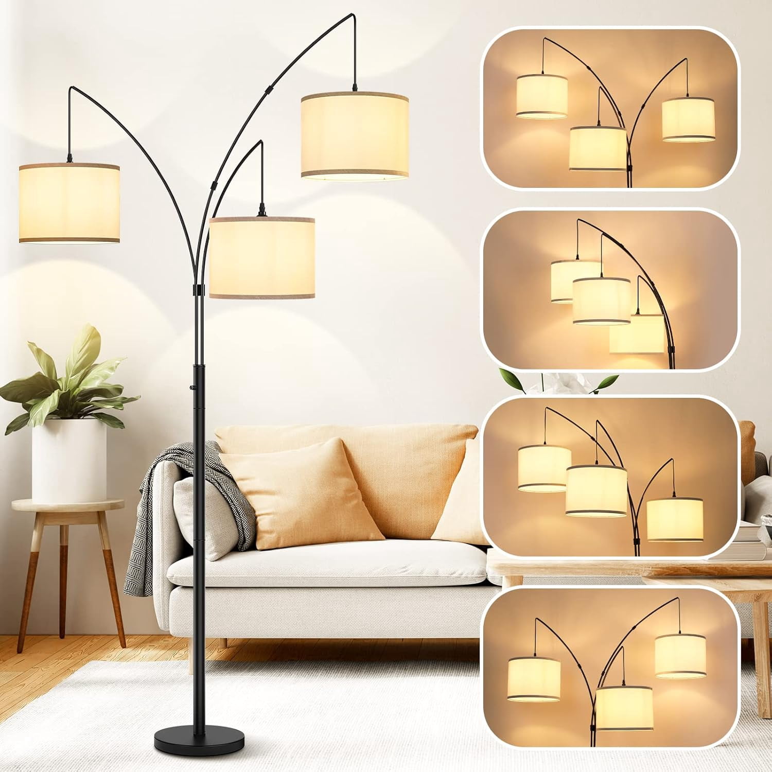3 Lights Arc Floor Lamps for Living Room,Gold Modern Tall Standing Lamp ...