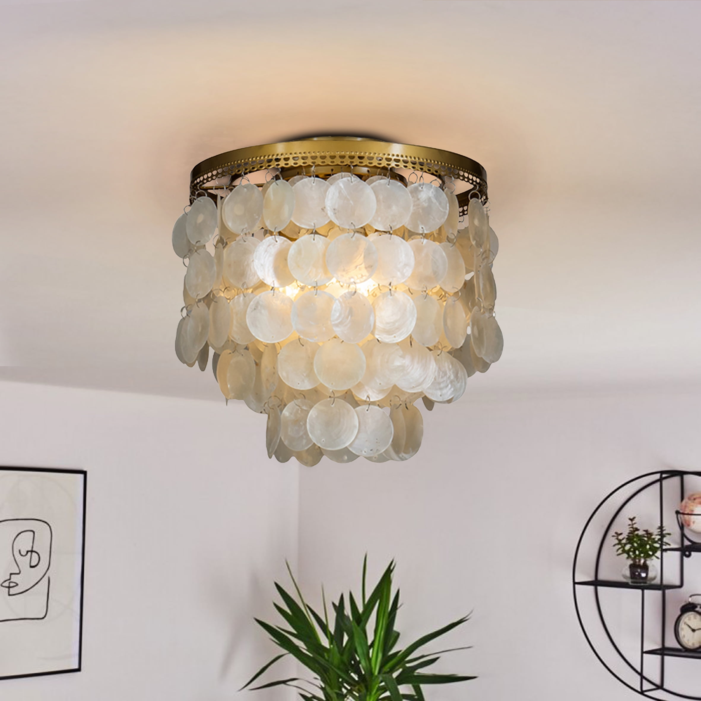 3-Lights Gold Indoor Capiz Shell Flush Mount Coastal Decor Chandelier ...
