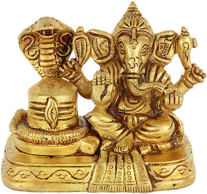 3" Lord Ganesha with Shiva Linga Small Sculpture in Brass | Handmade ...