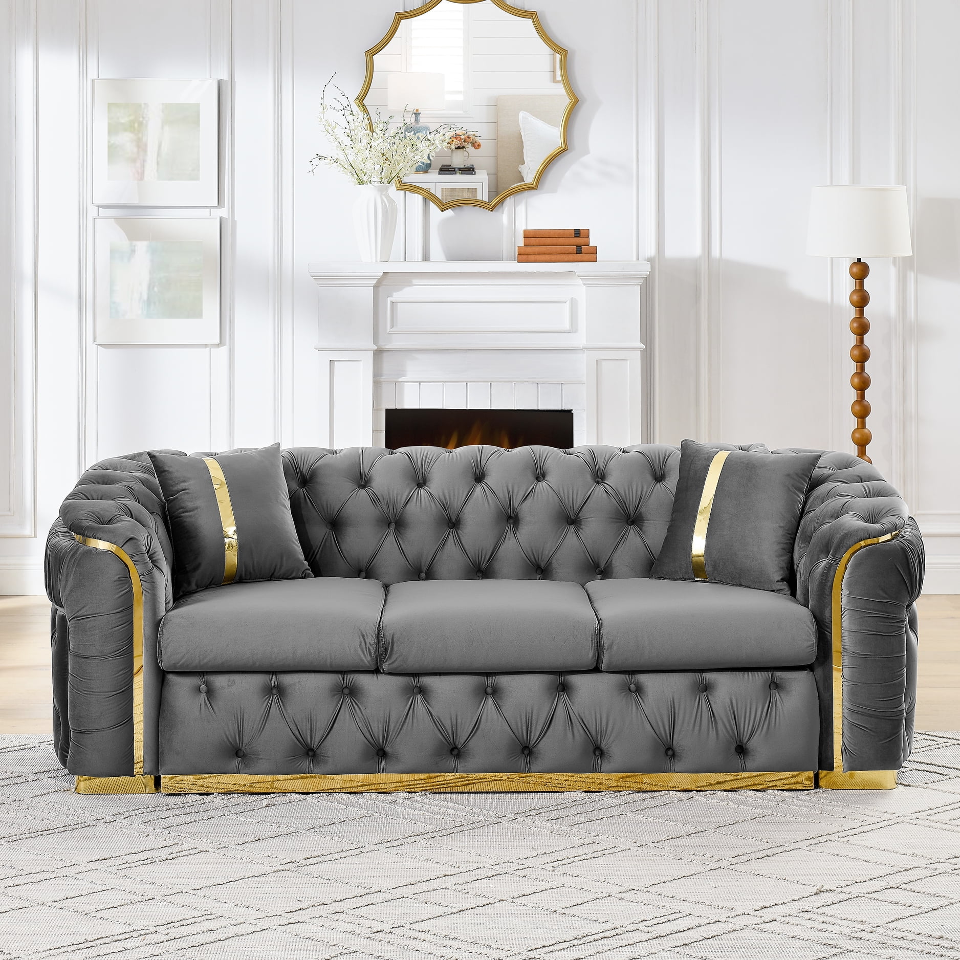 3 Luxury Couch In Gray Velvet With Button Tufting, 90.6 Inches 2 ...