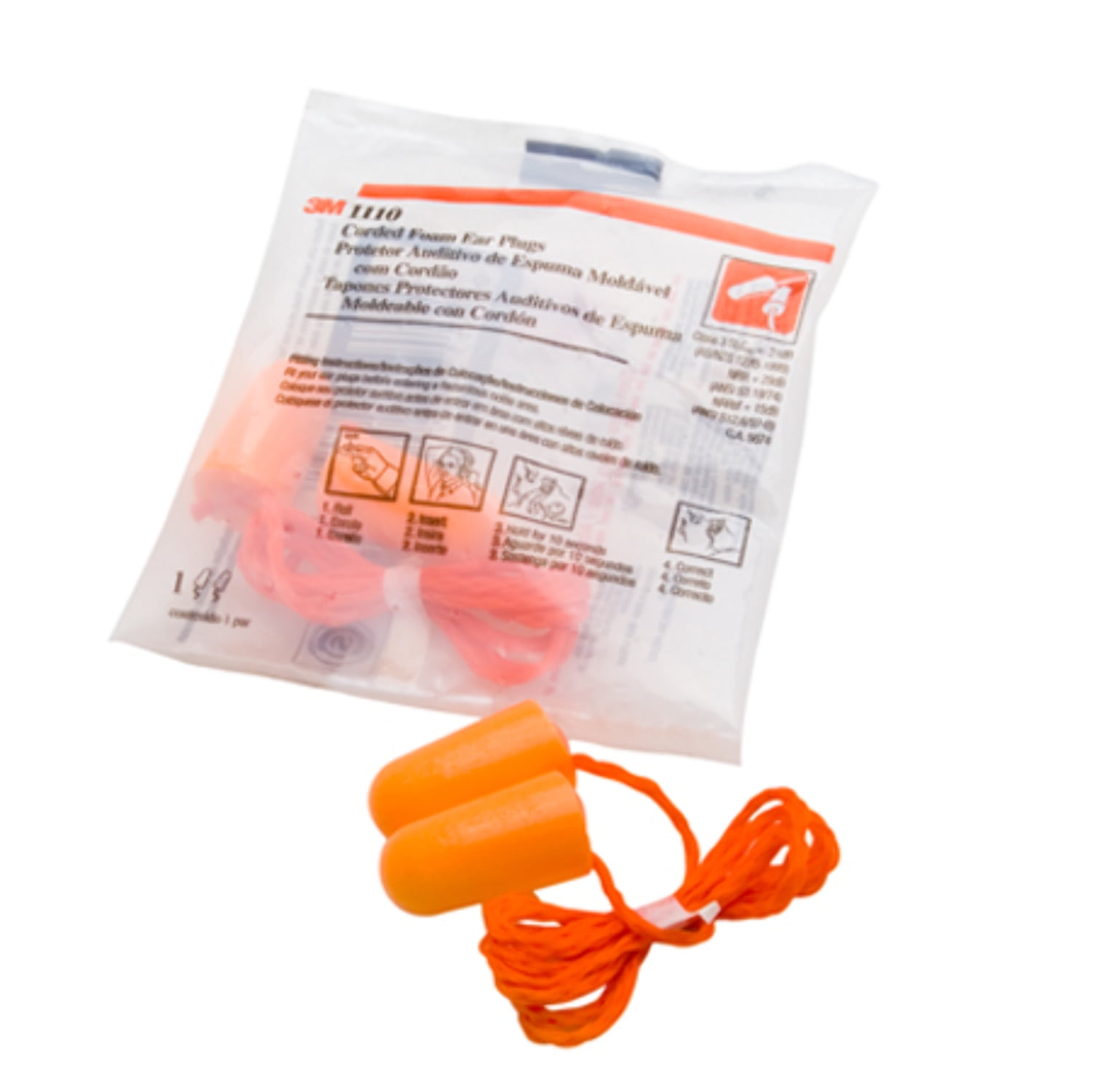 3 M 1110 Corded Foam Ear Plugs 051138290092 Orange Universal Polyurethane Foam Disposable Corded ...