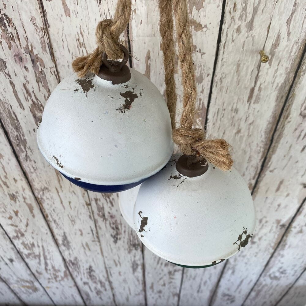 3 Metal Fishing Bobbers On Jute Rope - Baseball Size - Red, Blue ...