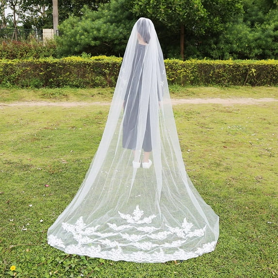 3 Meters Appliques Tulle Mesh Long Cathedral Veil Lace Bridal Veil With ...