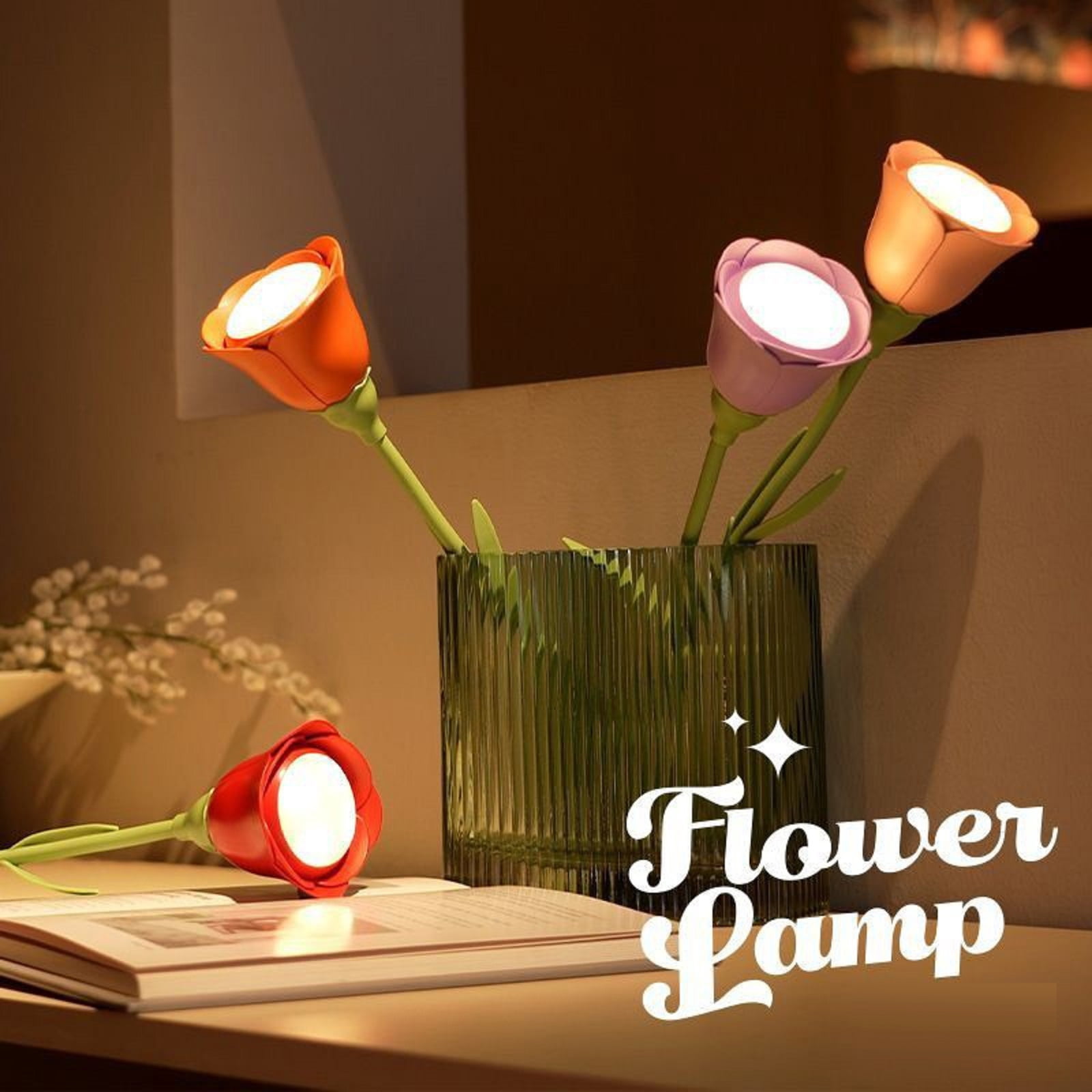 3-Mode Dimmable USB Desk Lamp, Rose Decorative Book Light with Pen ...