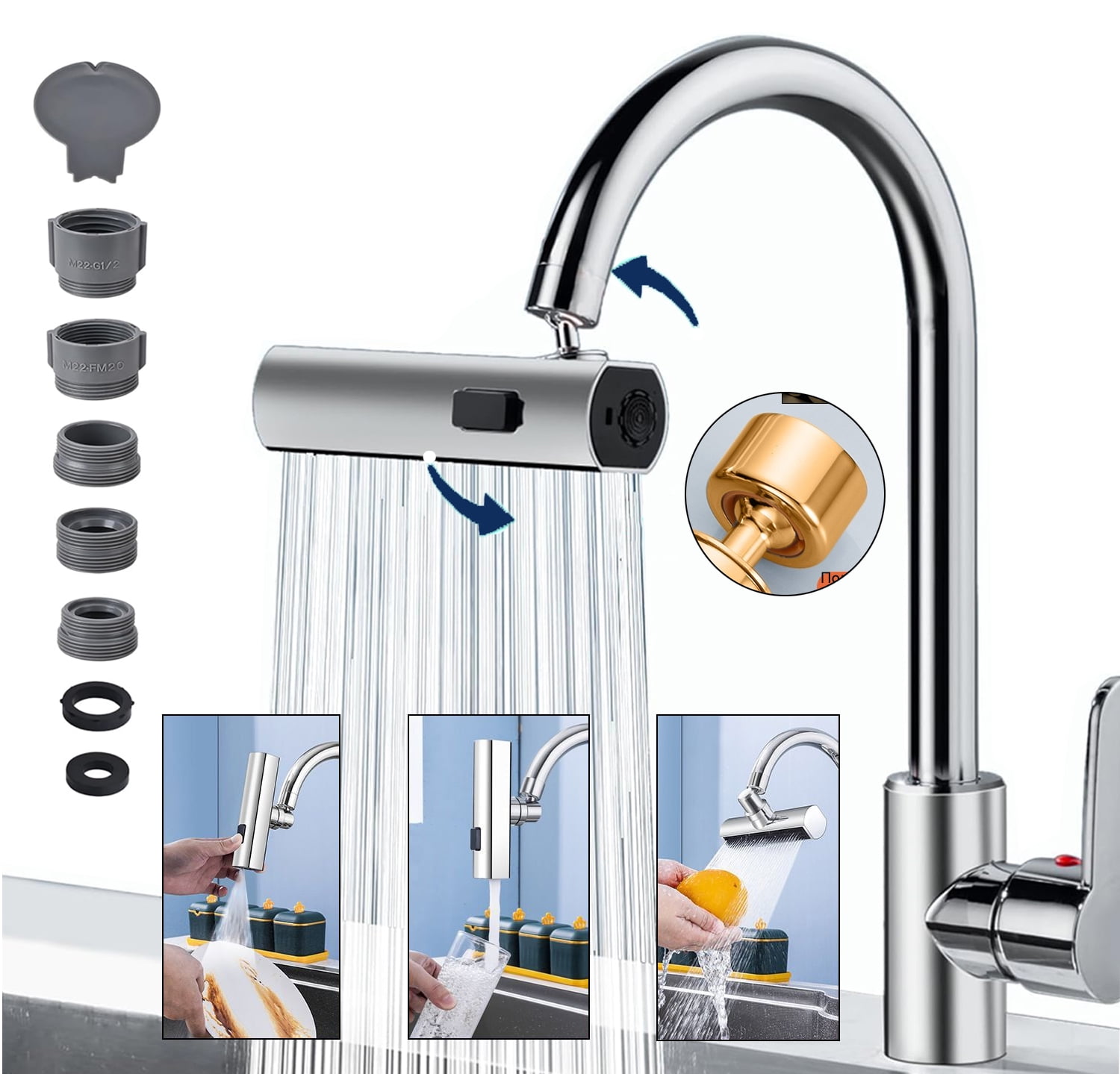 3 Mode Waterfall Swivel Faucet Aerators For Kitchen Bathroom Faucet ...