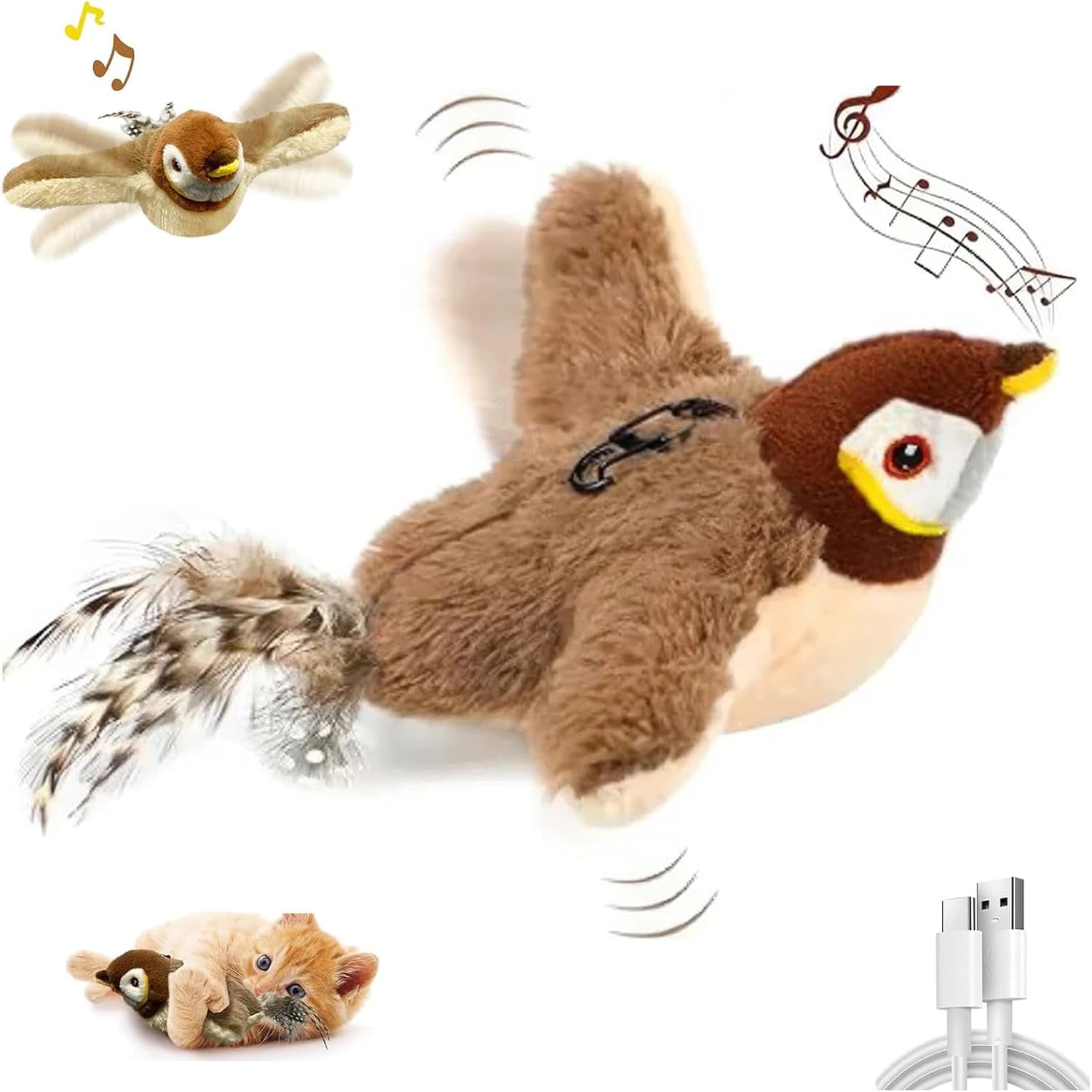3 Modes Chasey Bird, Flappychase Interactive Cat Toy, Flapping Bird Cat Toy, Simulated Chirping ...