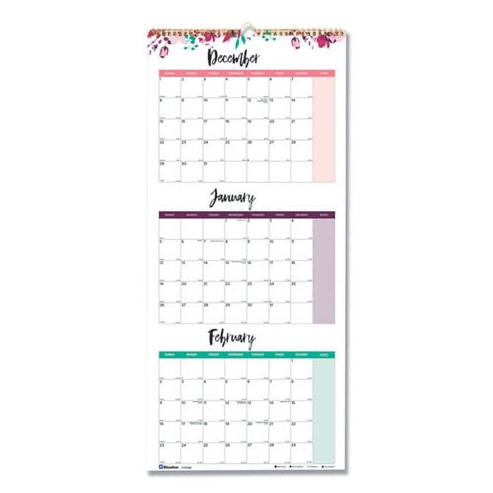 3-Month Wall Calendar, Colorful Leaves Artwork, 12.25 x 27, White ...