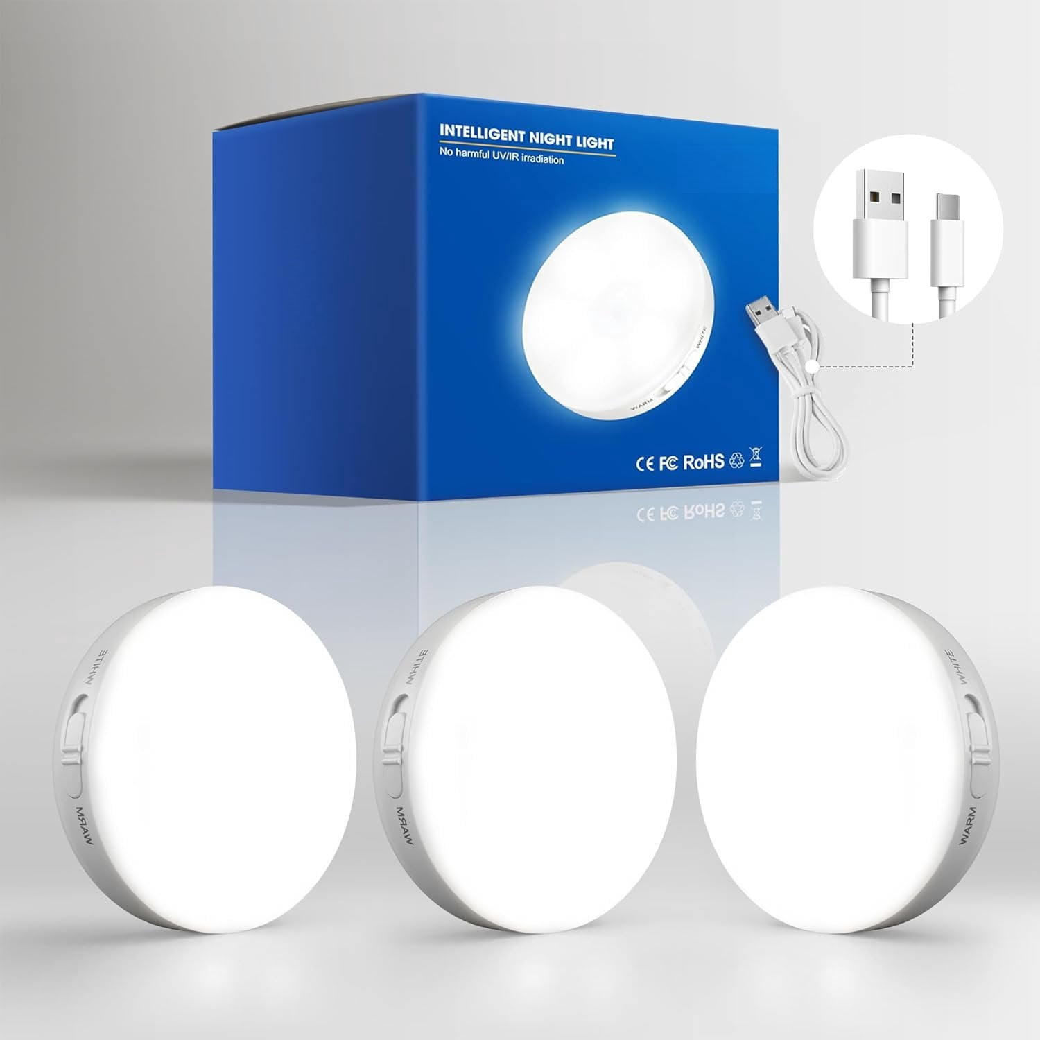 3 Motion Sensor Lights Indoor, Puck Lights, Operated Motion Sensor Night Light for Closet ...