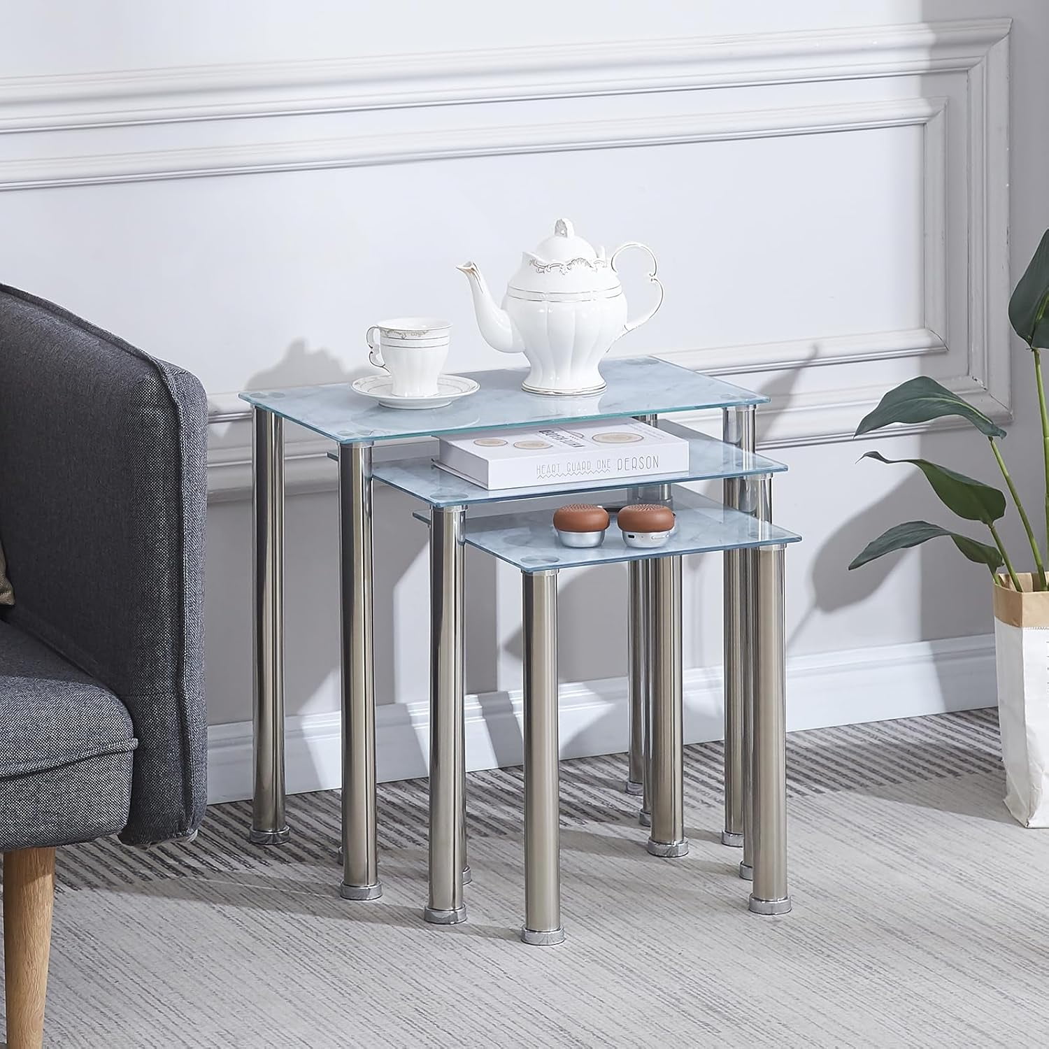 3 Nested Table Glass Living Room Nesting Table Set of 3 End Table for ...
