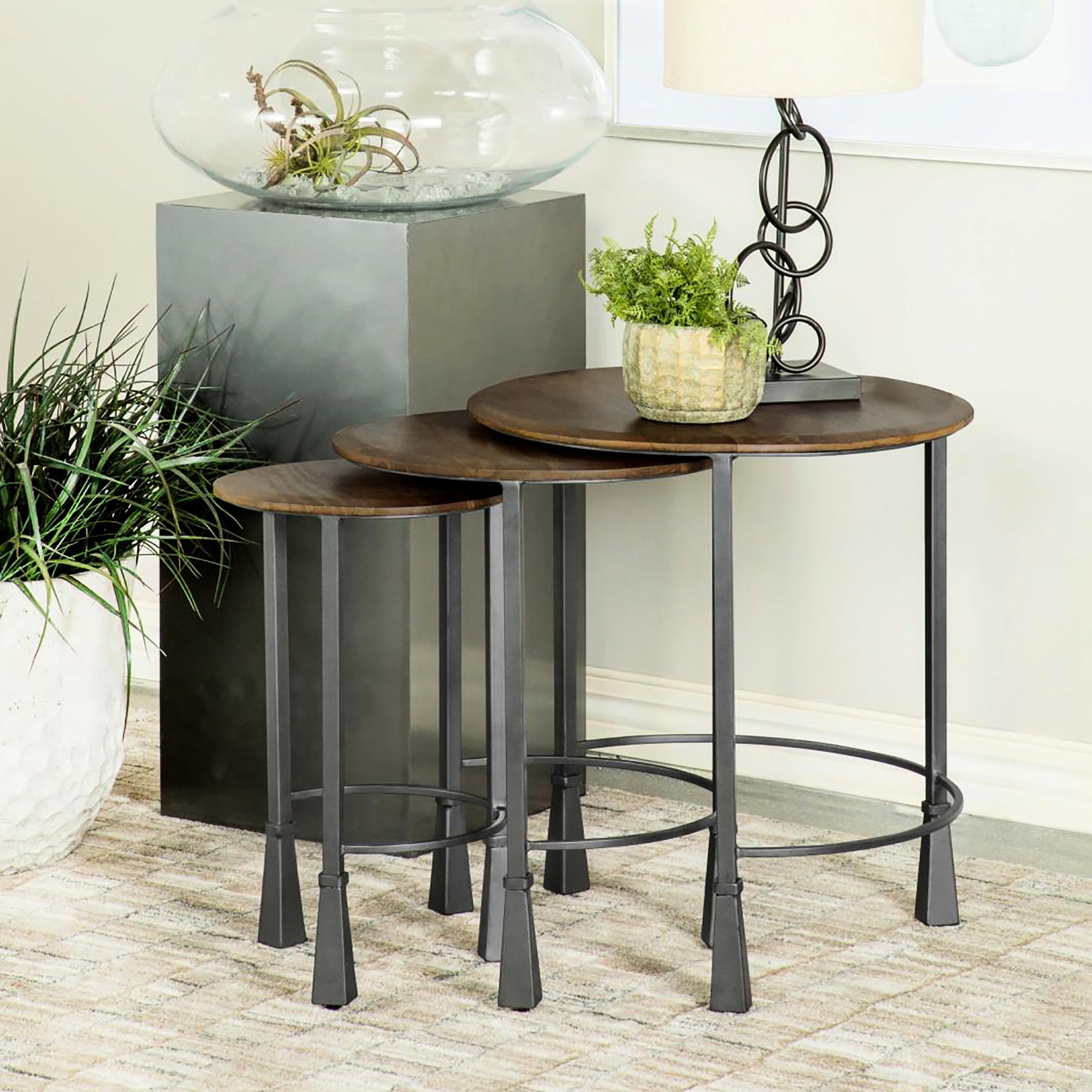 3 Nesting Tables - Natural Mango Wood & Sleek Gunmetal Iron Look Tables ...