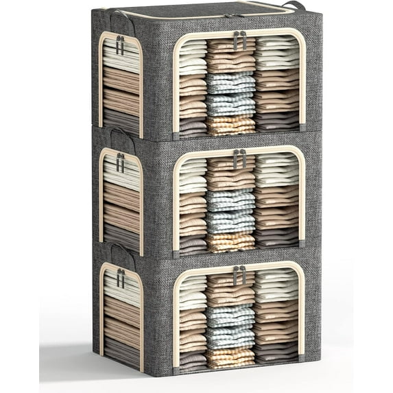 3 Piece Dark Grey 66L Foldable Clothes Storage Bins, Metal Frame Linen ...