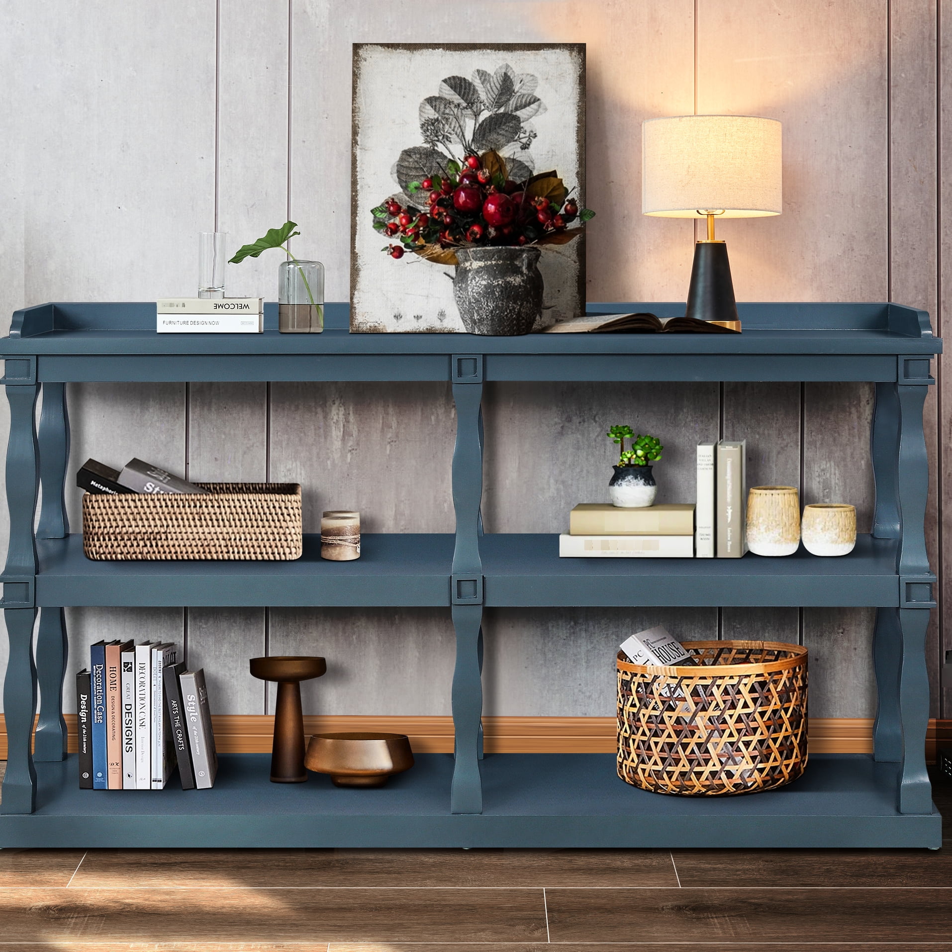 3 Open Storage Console, Roman Column Leg Design, Narrow Entryway Table ...